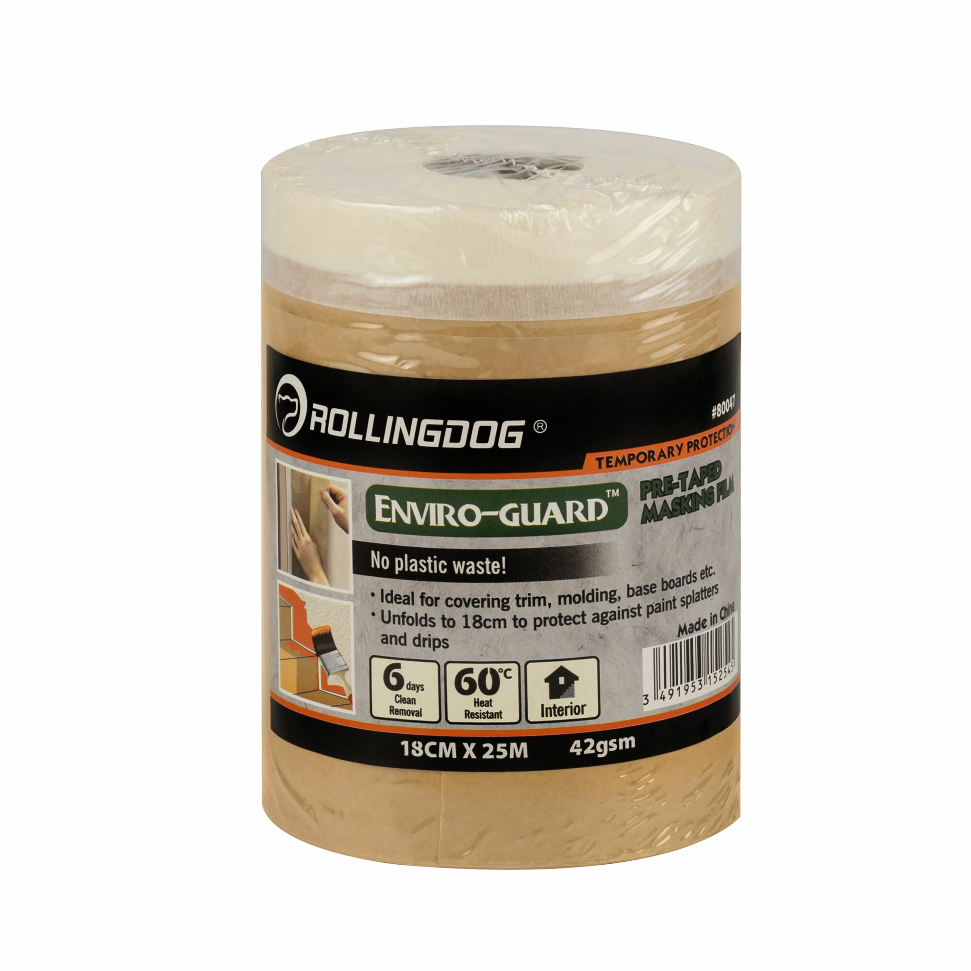 Полотно укрывное (бумага) на малярной ленте Rollingdog ENVIRO-GUARD, 18см*25м, арт.80047