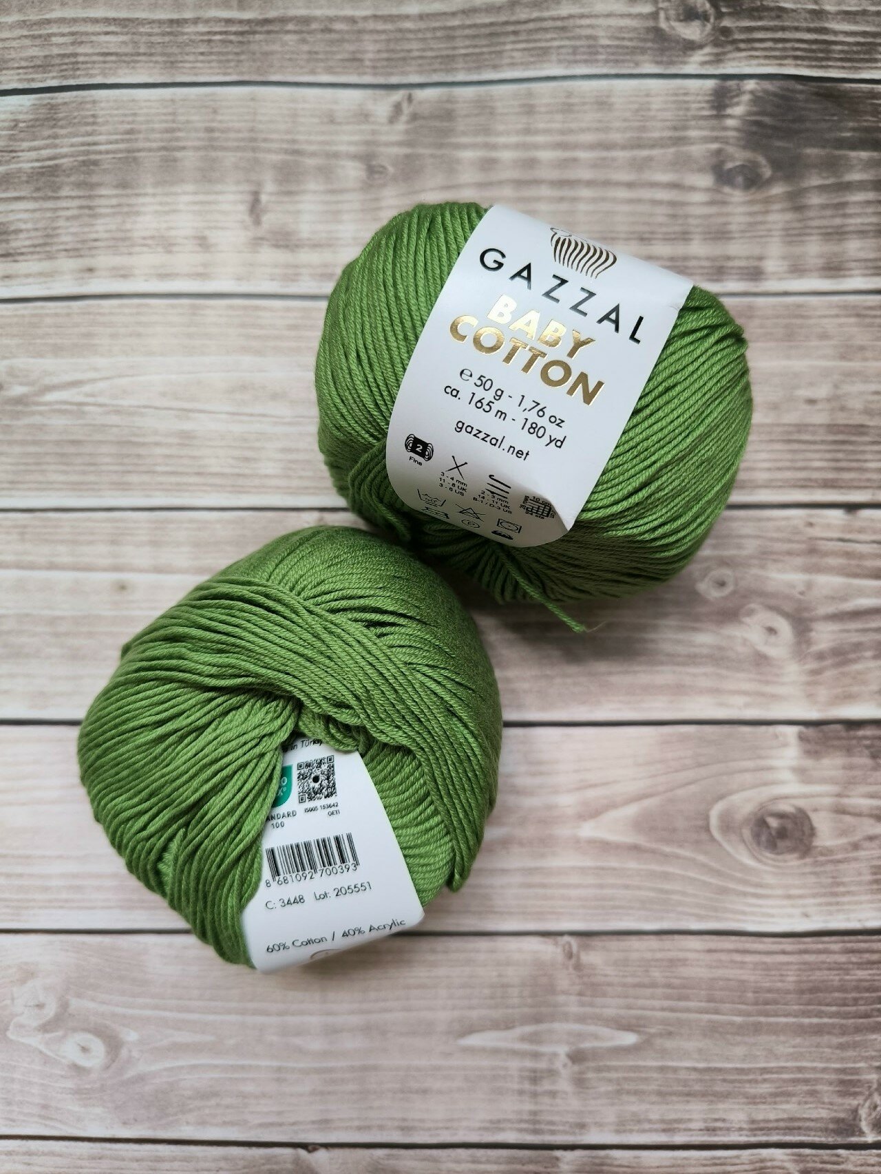 Пряжа Gazzal baby cotton, цвет 3448 светло зеленый, набор 2 мотка, вес мотка 50 гр, длина нити 165 м (Газзал беби катон)