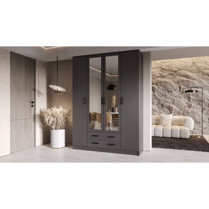 Шкаф четырёхстворчатый «Квадро», с зеркалом, 1600×487×2200 мм, цвет графит