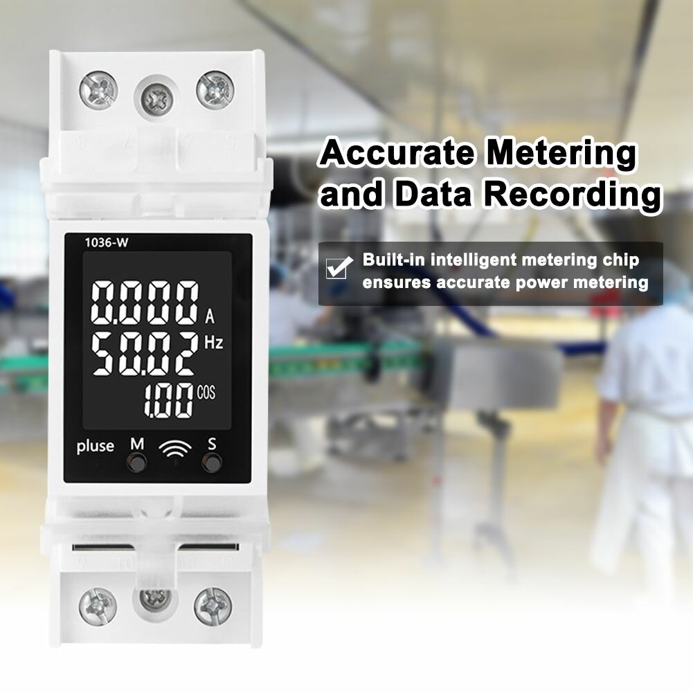Цифровой вольтметр-амперметр с креплением на DIN-рейку, WiFi, 85-265 В, 63 А, детектор коэффициента мощности с ЖК-дисплеем и функцией памяти