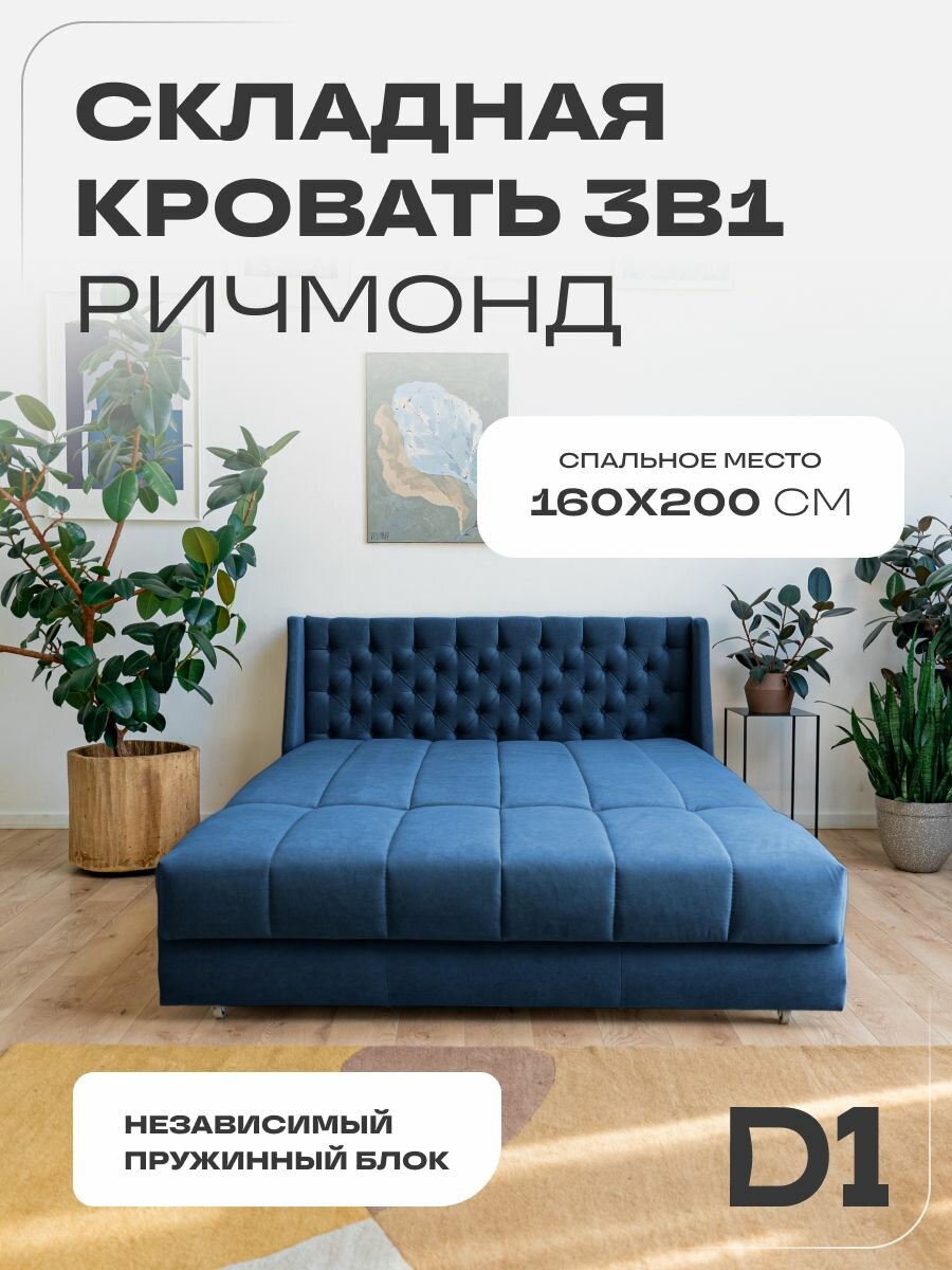 Складная кровать 3в1 Ричмонд 160x200. Независимый пружинный блок, диван-кровать аккордеон, металлокаркас. Велюр темно-синий