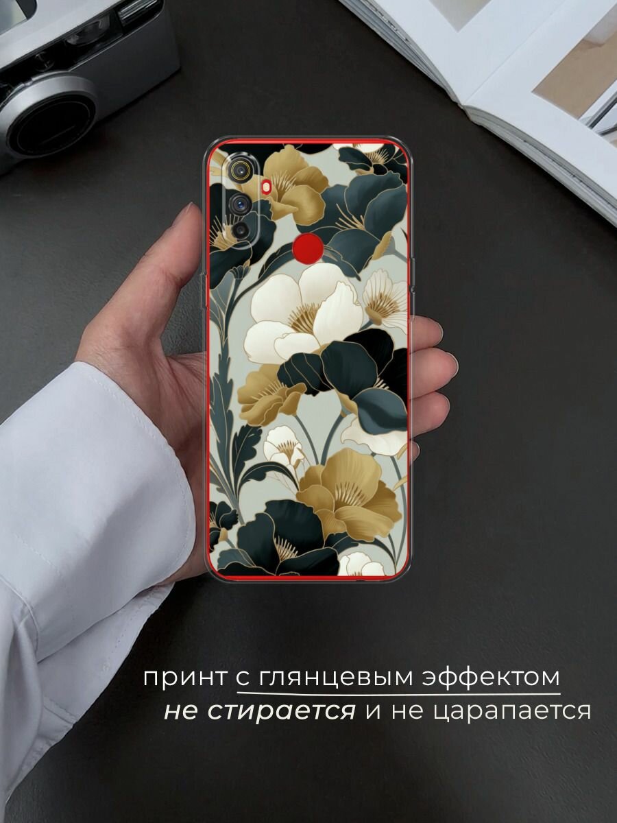 Чехол на Realme C3 / Реалми C3 с принтом Золотые и белые цветы — фото 1