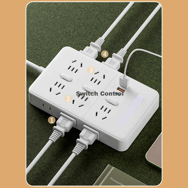 Sushihuo Flexible Power Strip with Night Light / Multi-Outlet Adapter / 2 USB + Type-C Converter Socket / Power Converter 3 Outlets + 3 Side Control Switch Sockets 0.1 Meter