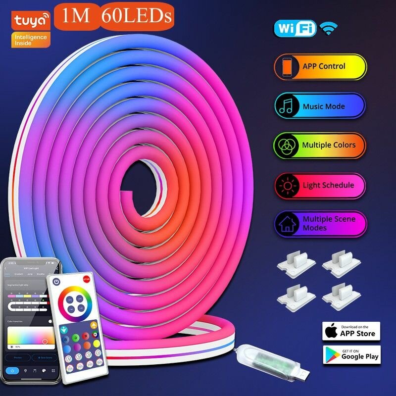 Умная жизнь WiFi фото неоновая веревка, 1 м 60 светодиодов, Светодиодная лента из силикона с питанием от USB, RGBIC, Гибкая лента с управлением через приложение IP67 для самостоятельного стайлинга