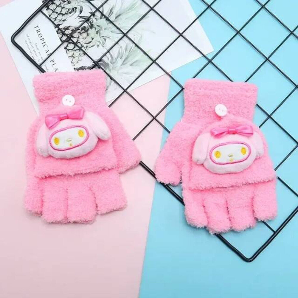 Женские вязаные перчатки Sanrio Cinnamoroll Melody Kuromi в стиле каваи с мультяшным рисунком, теплые, с откидной крышкой и без пальцев, Hello Kitty, Y2k, непромокаемые.