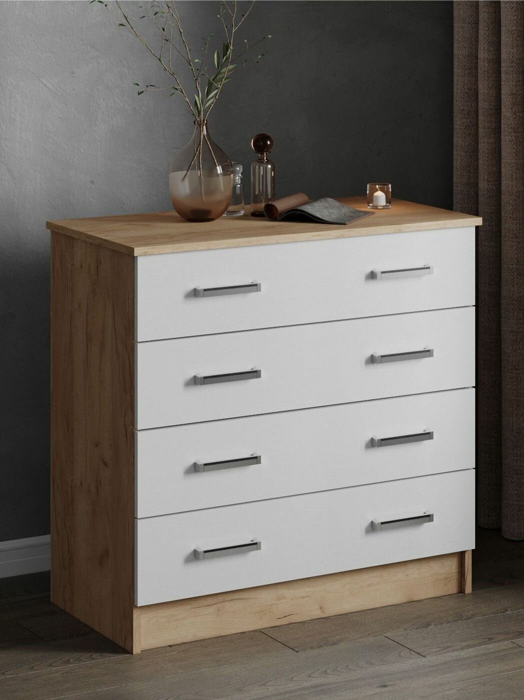 Комод с 4 ящиками, 810х820х435, дуб крафт золотой, белый, 1 шт.