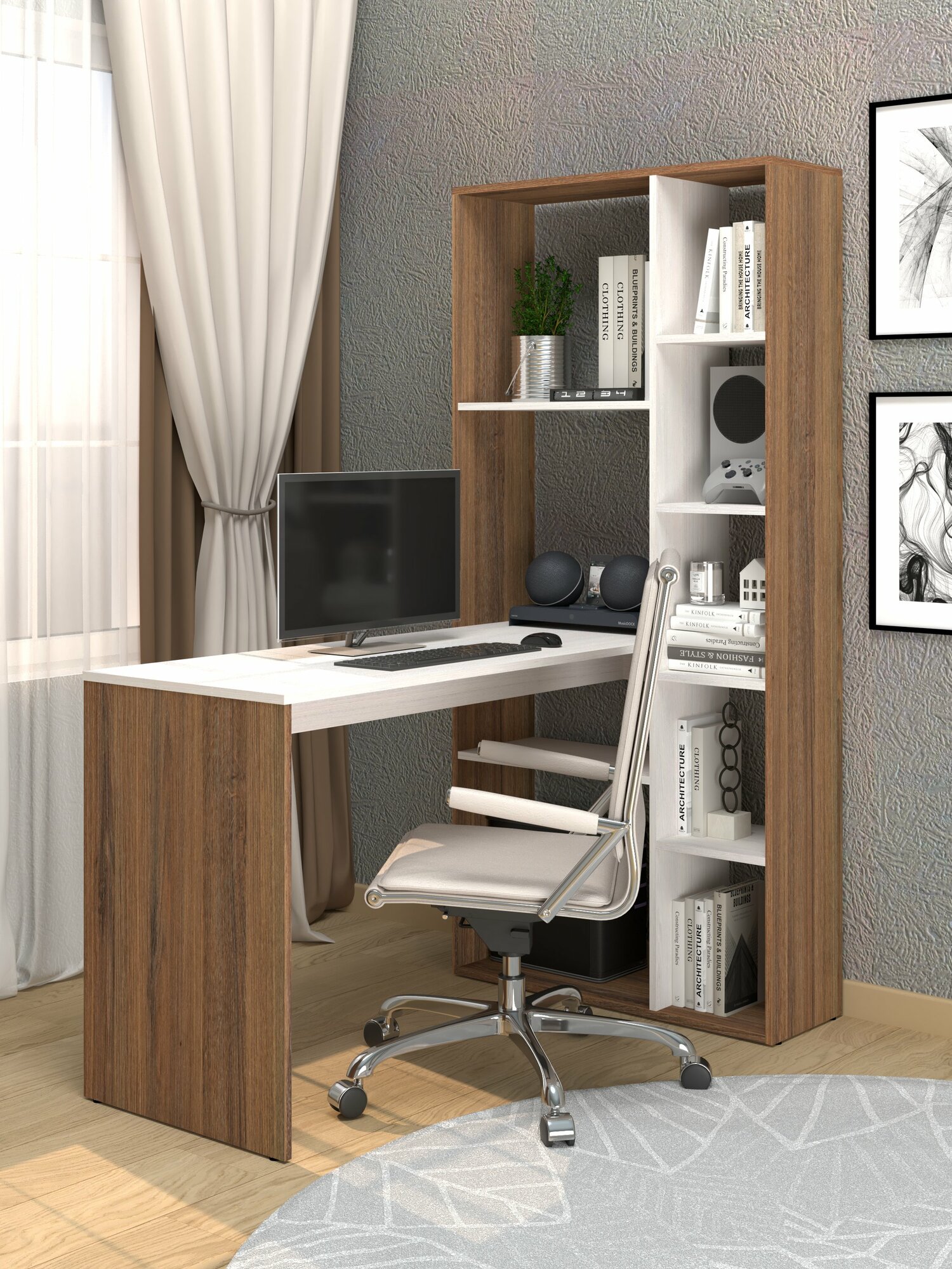 Есэндвич Лаворо 13 Письменный стол со стеллажом 130х170х80 см (Анкор белый/Дуб Аризона)