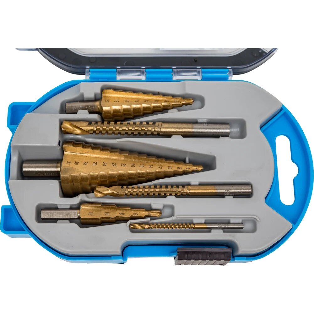 Набор сверл ступенчатых и фрезерных 4-12 мм, 4-20 мм, 4-32 мм, 3/6/8 мм vertextools 4-12-368 — фото 1