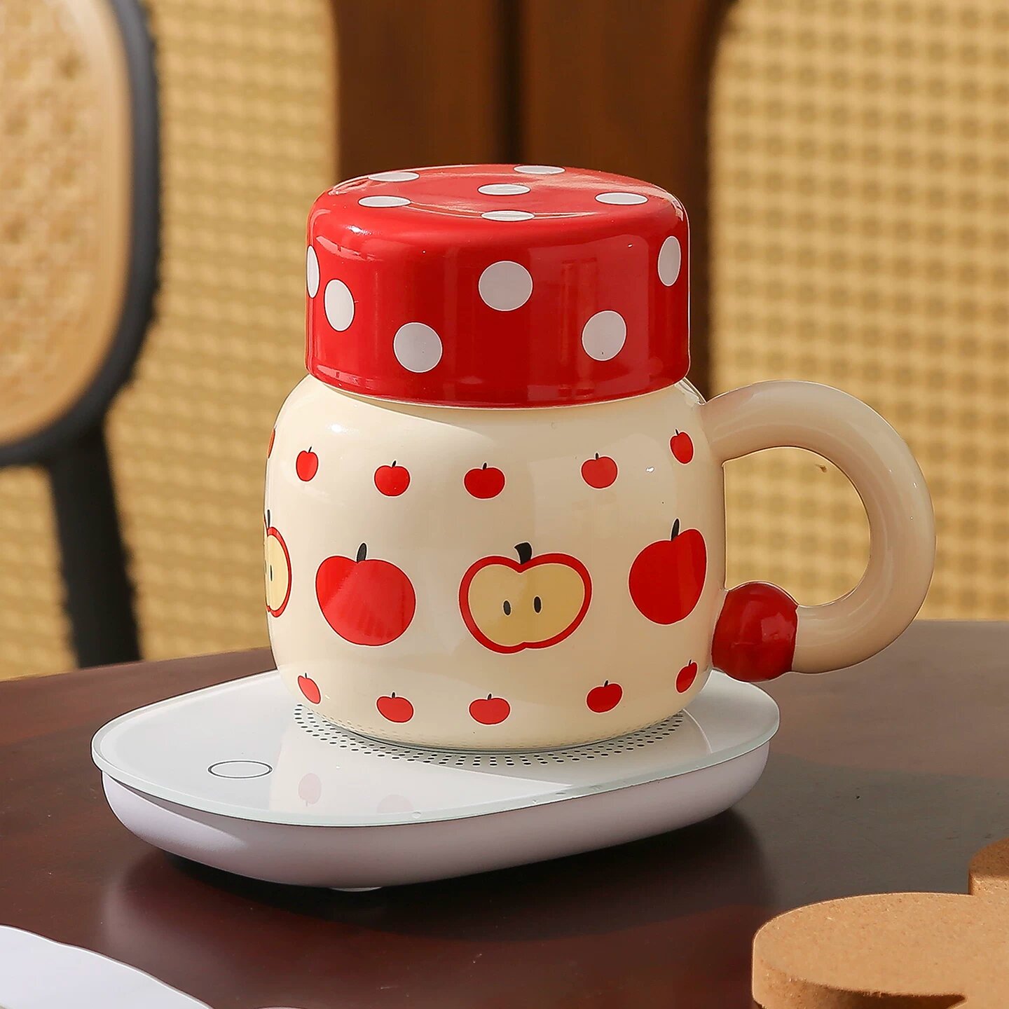 Милая керамическая кружка в форме яблока с крышкой и ложкой, подарок на день рождения, чашка для кофе, чашка для