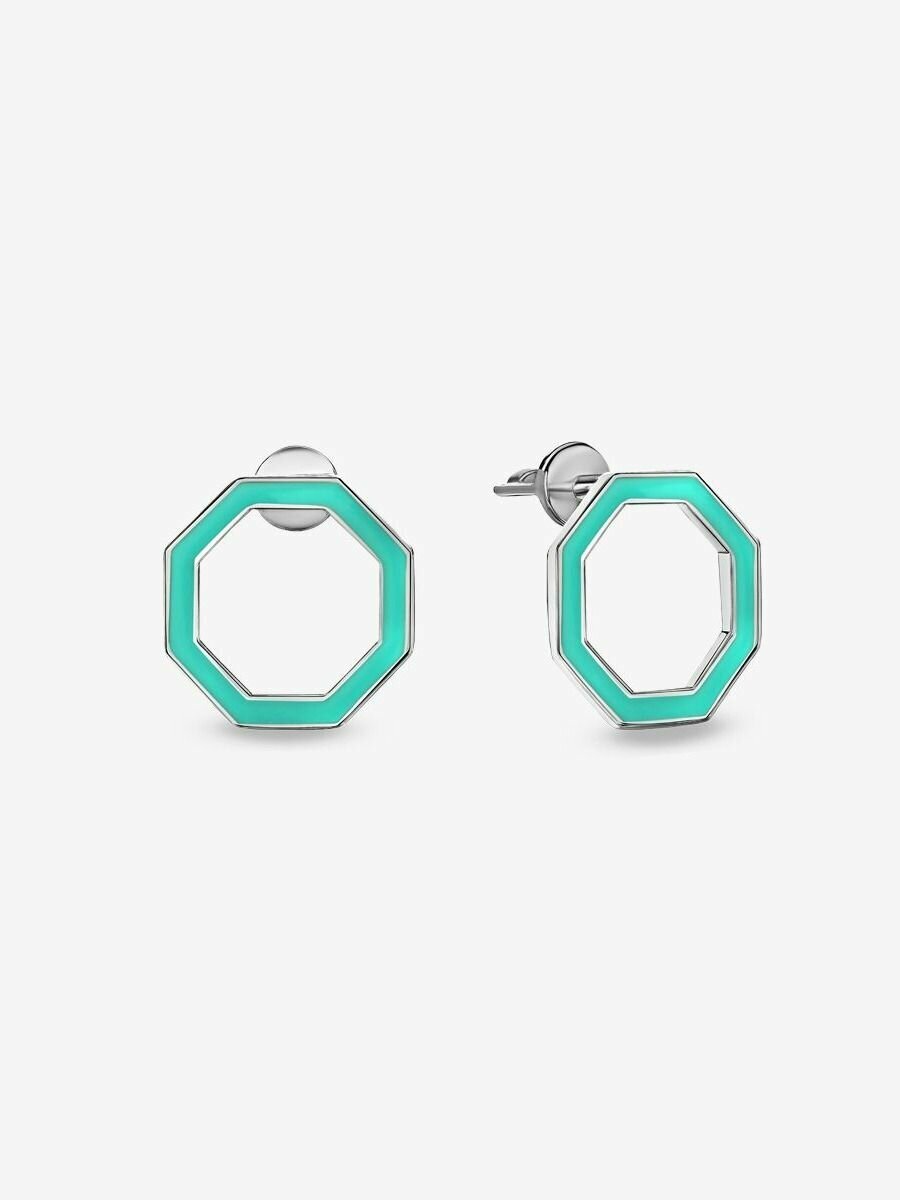 Серьги пусеты FLEUR DE NEIGE JEWELRY, серебро, 925 проба, эмаль, размер 12 мм, длина 1.2 см, , серебристый, бирюзовый — фото 1