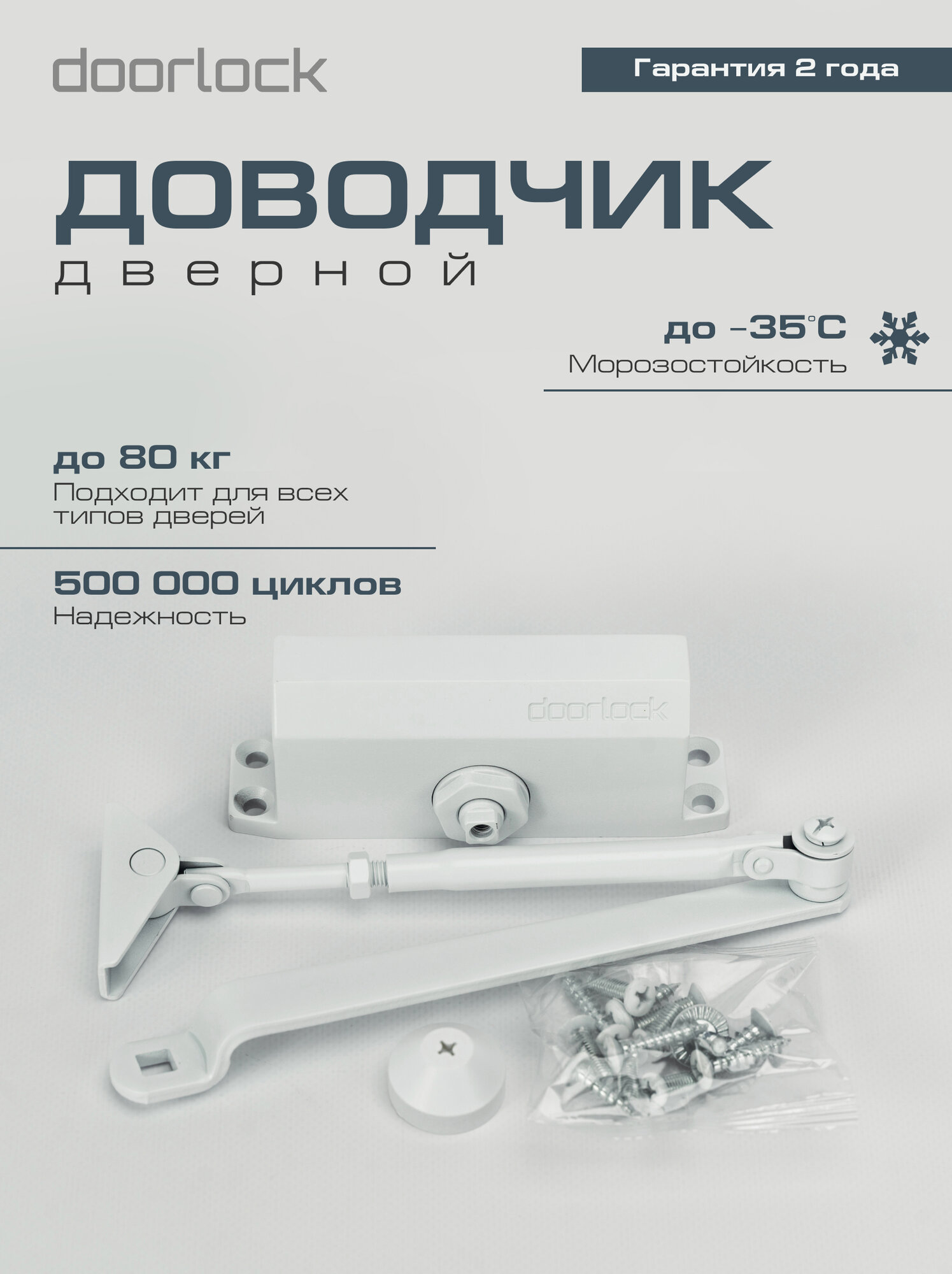 Доводчик дверной DL SMART морозостойкий уличный от 40 до 80кг белый