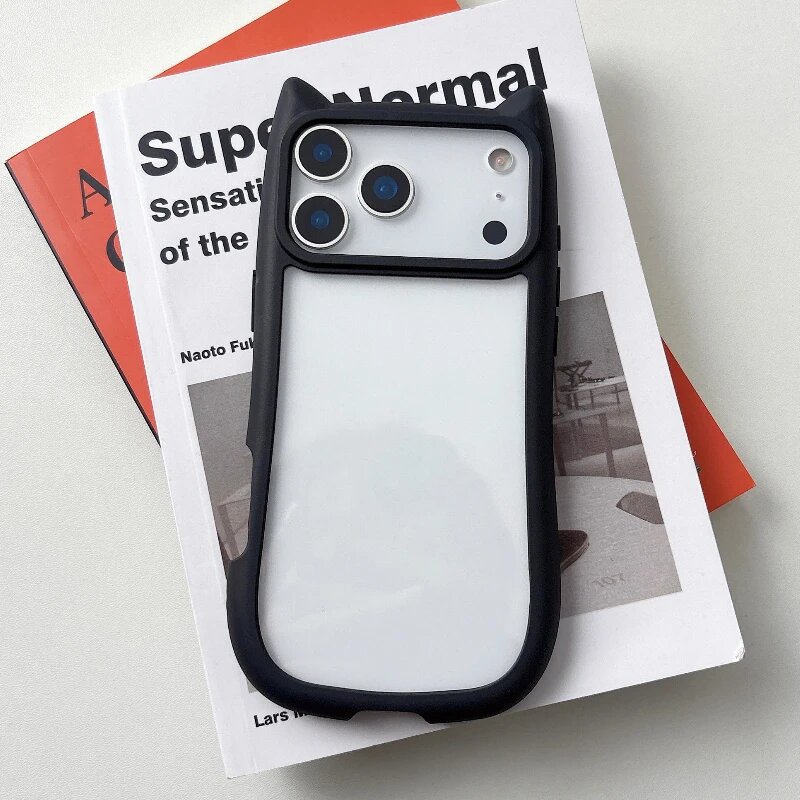 Прозрачный защитный чехол с милыми 3D кошачьими ушками для iPhone iPhone17 Про Макс, Черный, Black