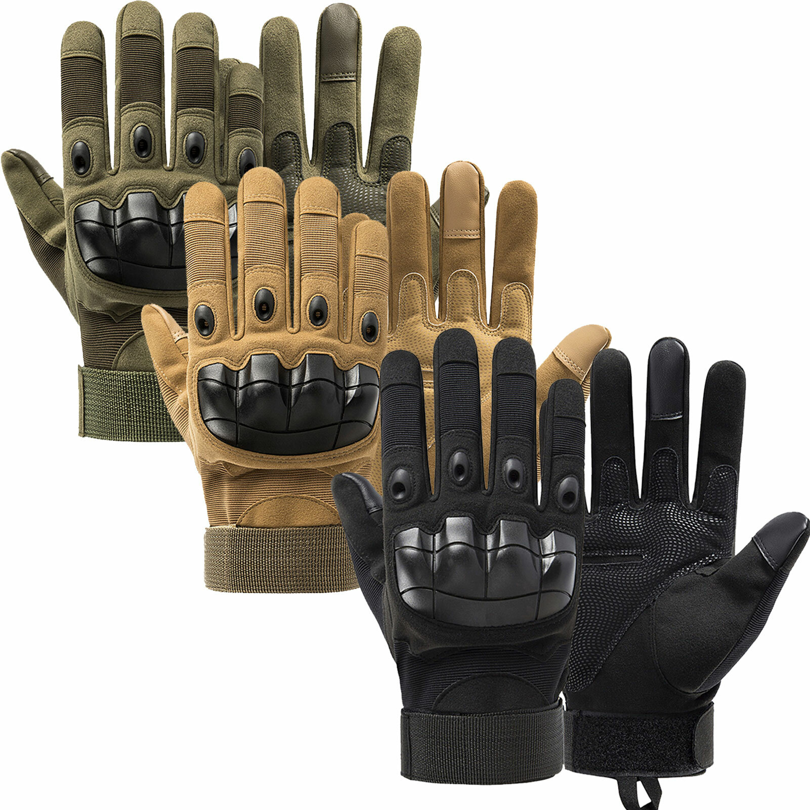 Перчатки на все пальцы с сенсорной поверхностью, антискользящие, для мотоцикла, спортивной тренировки, велосипедного катания на открытом воздухе, размеры M / L / XL, цвета Черный / Темно-зеленый / Кэмел, унисекс, для взрослых, материал PU & Пластик & EVA