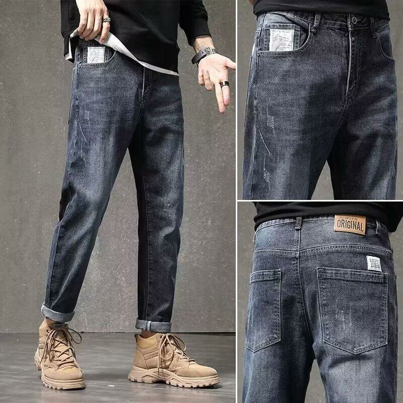 MON Мужские Джинсы Весна Стиральные Потертые Граффити Слим Кэжуал Кроп Деним, Размер_28