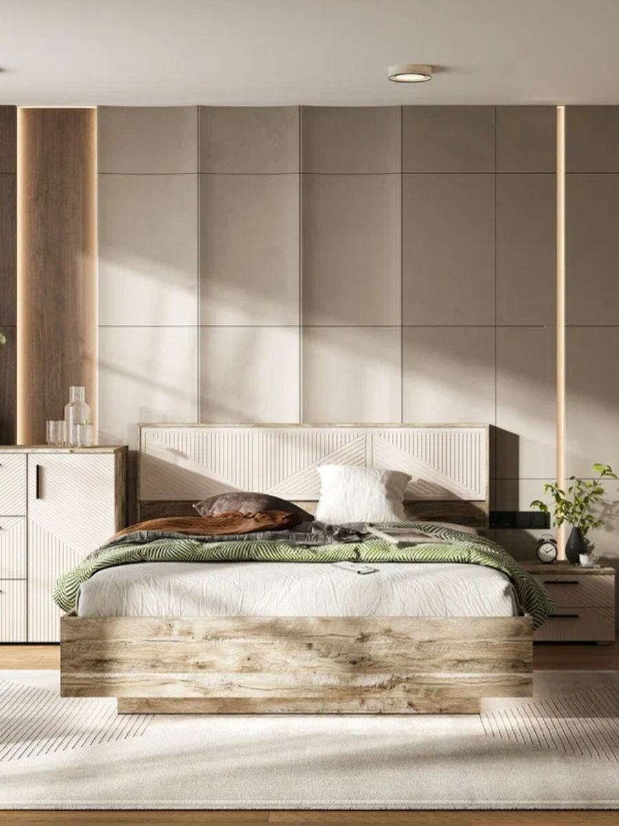 Кровать двуспальная парящая Сильвия 1,6 МДФ 1708х100х2101 Дуб Юкон/Кашемир, подъемным механизмом и подсветкой, МИФ