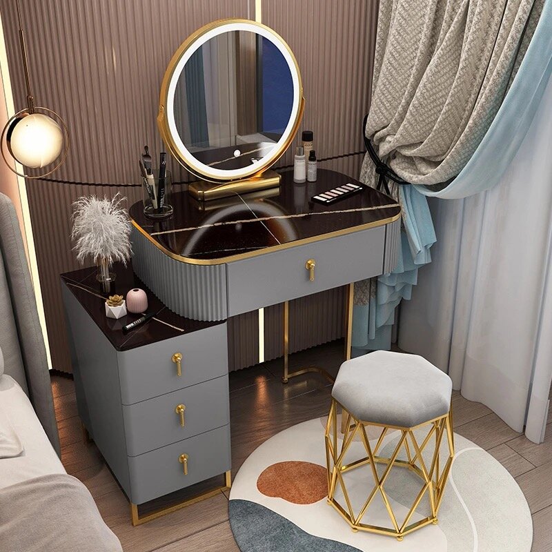 Компактный туалетный стол Marta с узким шкафчиком (темно-серая столешница, стул Bird's Nest 50 см, зеркало)