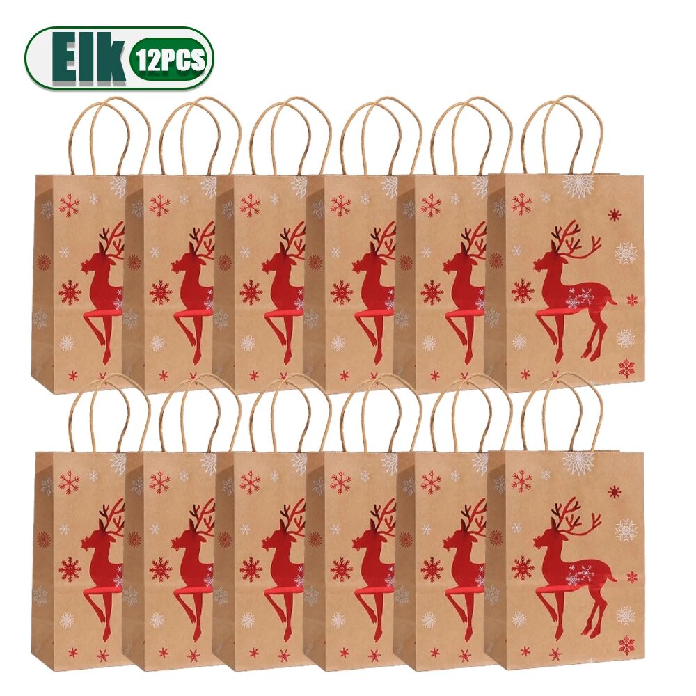 Рождественские подарочные пакеты из крафт-бумаги, коричневые Elk-12PCS