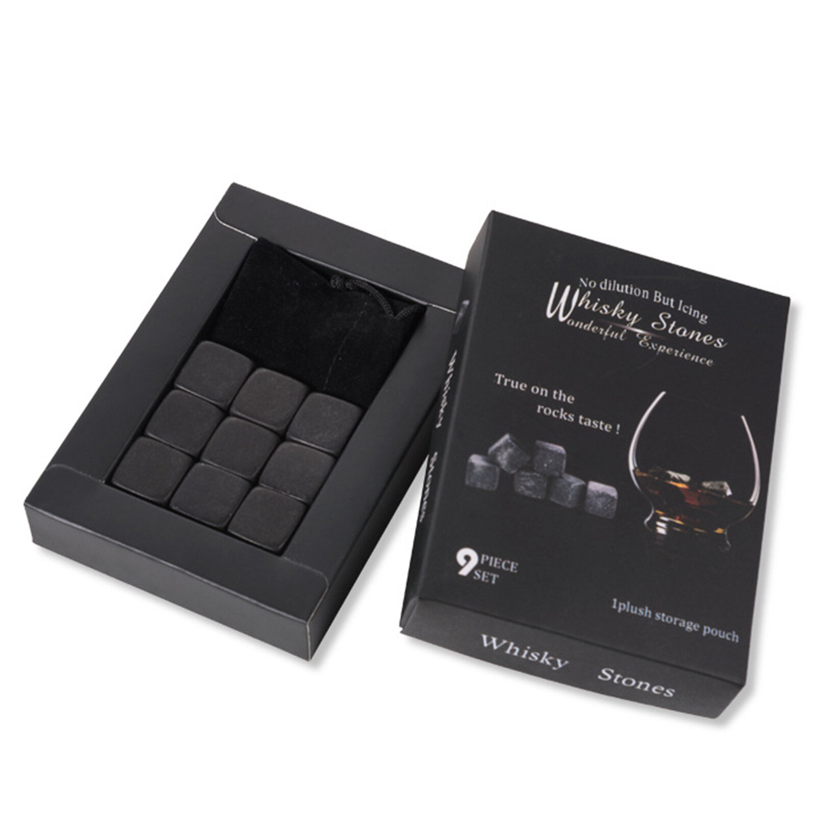 Набор для охлаждения напитков из камней 9 штук, размер 2*2*2 см, материалы: белый гранит, серый гранит, серый мрамор, черный базальт, белый базальт, вес упаковки 240 г, размер упаковки 14.5*10*2.5 см, включая хранилищный мешок, для виски, вина, пива, сока