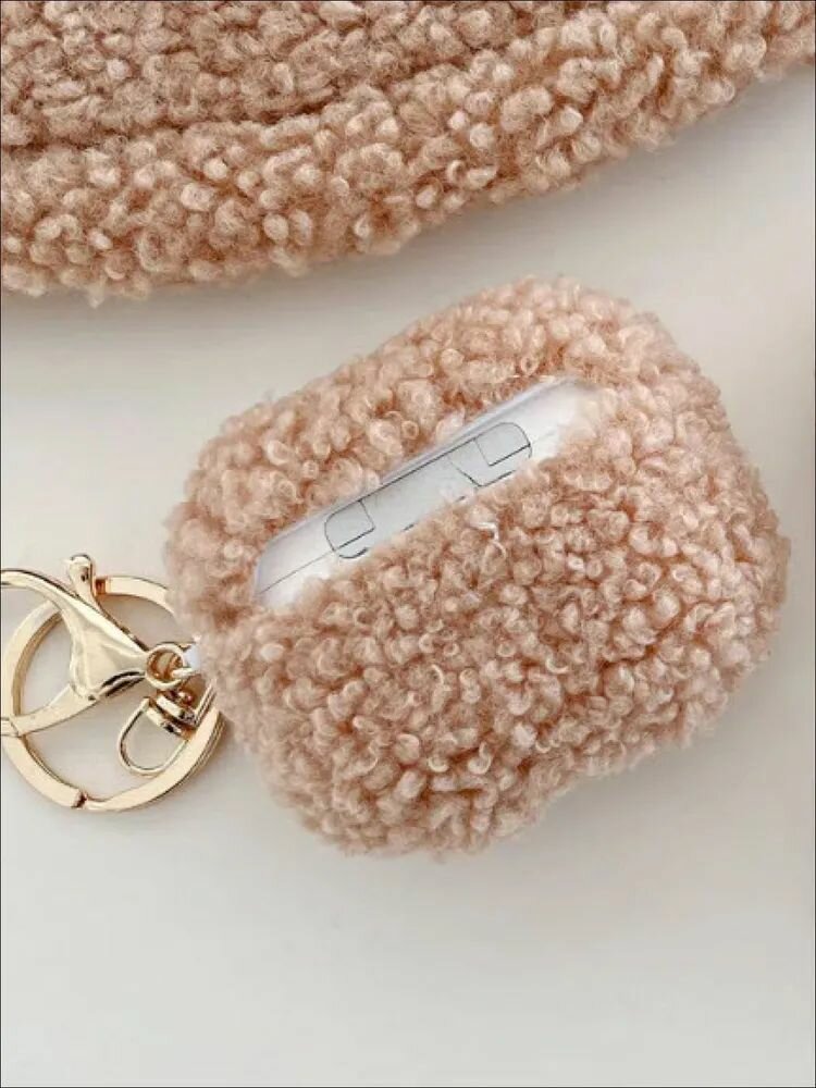 Чехол для наушников AirPods 2 / 1 ( на Аирподс 2 / 1 ) меховой плюшевый мишка с кольцом и карабином