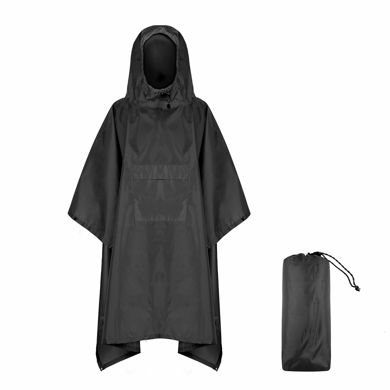 Дождевик с Капюшоном, Пончо с Карманом, Легкий Дождевик, Куртка, Солнцезащитный Козырек для Мужчин и Женщин, Кемпинг, Пеший Туризм, Путешествия, Черный 210*140 см
