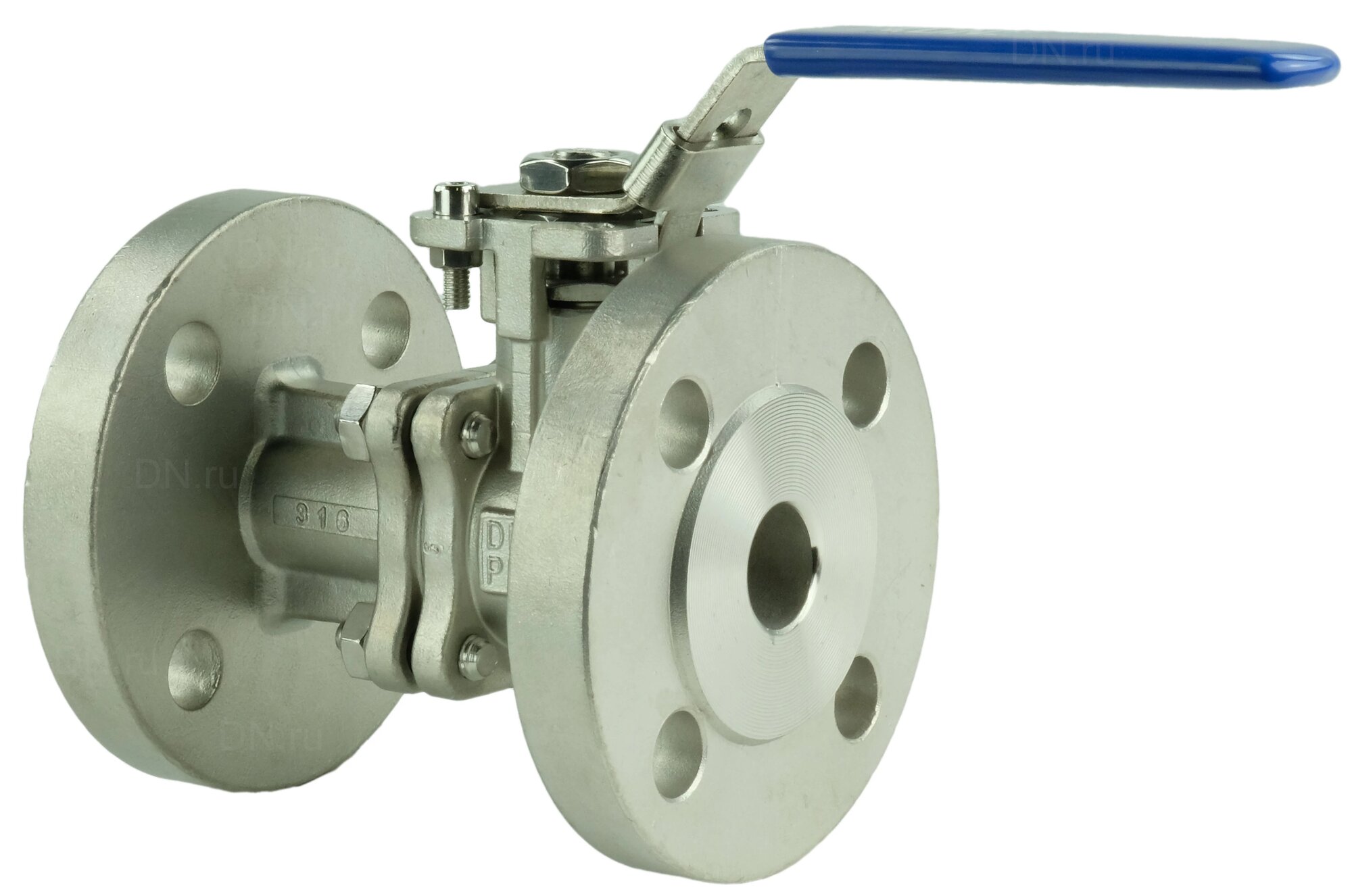 Кран шаровой DN.ru кшфп.316.200 Ду20 Ру40 полнопроходной двухходовой, нержавеющая сталь 316, фланцевый, уплотнение - PTFE, с ISO-фланцем и рукояткой, 9х9, F03/F04