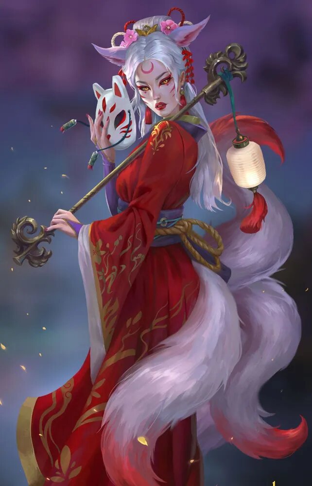 Алмазная Мозаика "Самурай Япония Гейша С Лисой Кицунэ" 40X50 См Алмазная Вышивка / Картина Стразами Подарков /Украшения