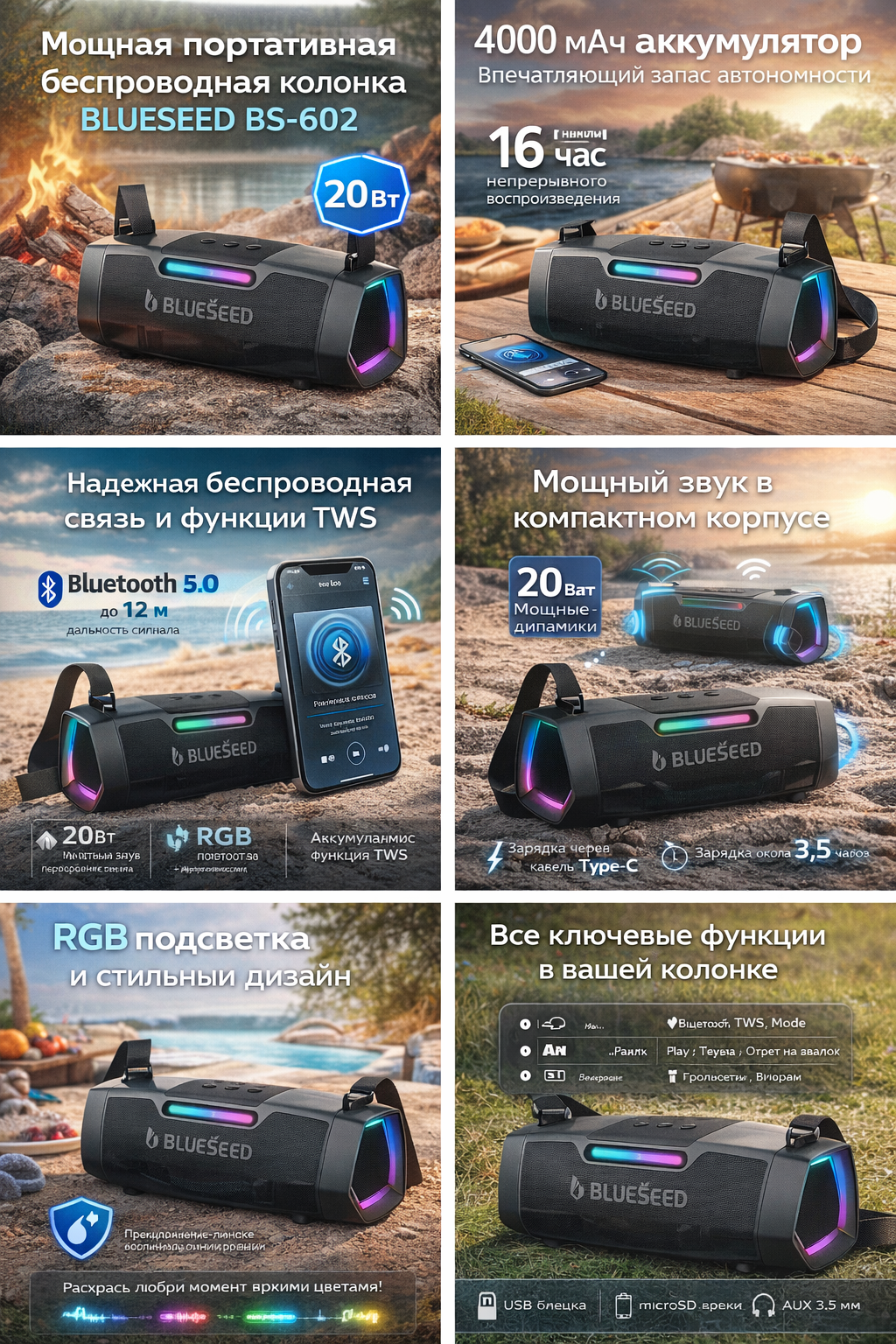 Портативная Bluetooth-колонка BLUESSED BS-602 с мощным звуком, RGB-подсветкой и аккумулятором