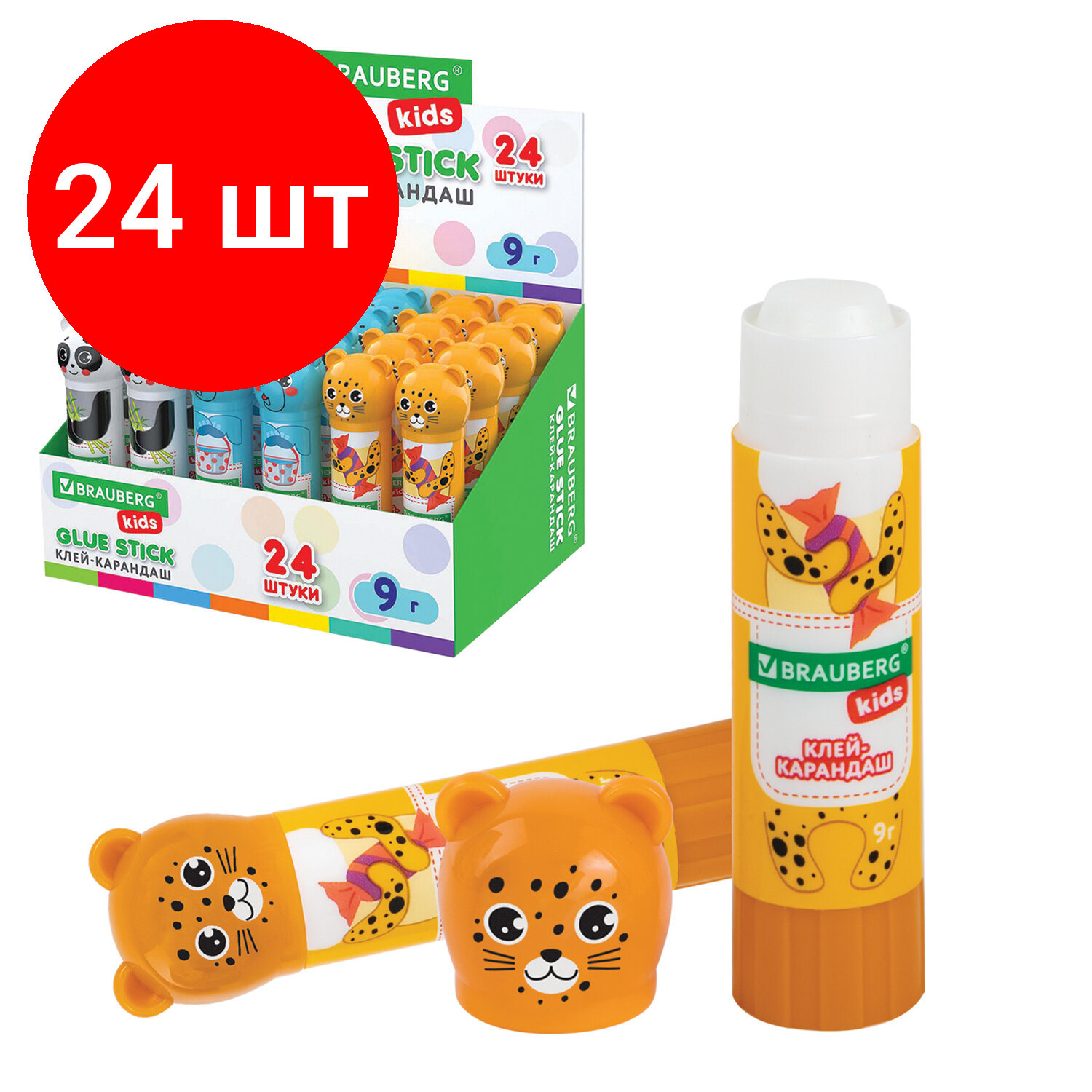 Комплект 24 шт, Клей-карандаш "Зверята: панда, слон, леопард", 9 г, фигурный колпачок, BRAUBERG KIDS, 271139
