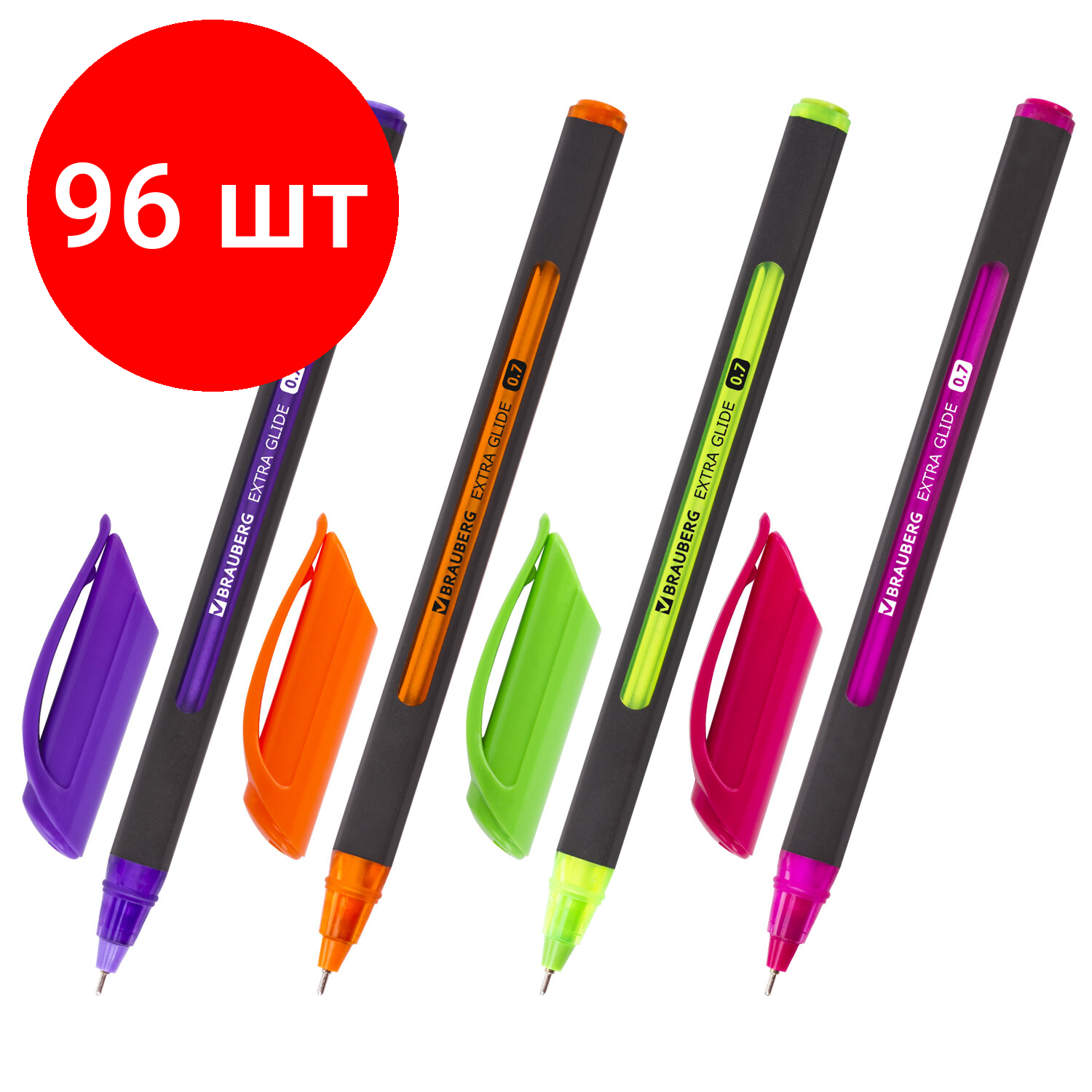 Комплект 96 шт, Ручка шариковая масляная BRAUBERG "Extra Glide Soft Color", синяя, узел 0.7 мм, линия письма 0.35 мм, 142928