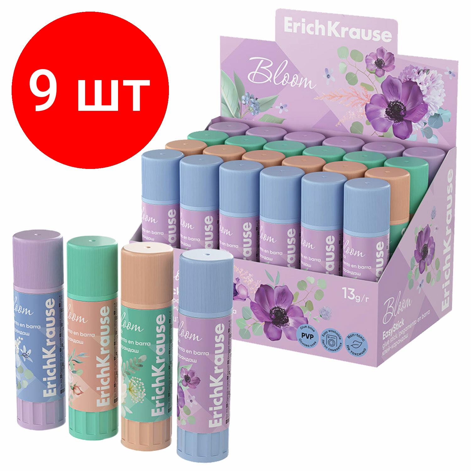 Комплект 9 шт, Клей-карандаш ERICH KRAUSE EasyStick Pastel Bloom, 13 г, 60498