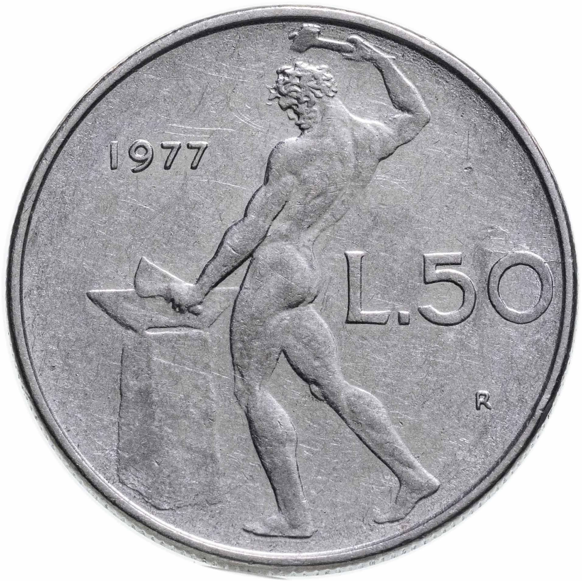 Италия 50 лир 1977, Сталь, в сохранности XF