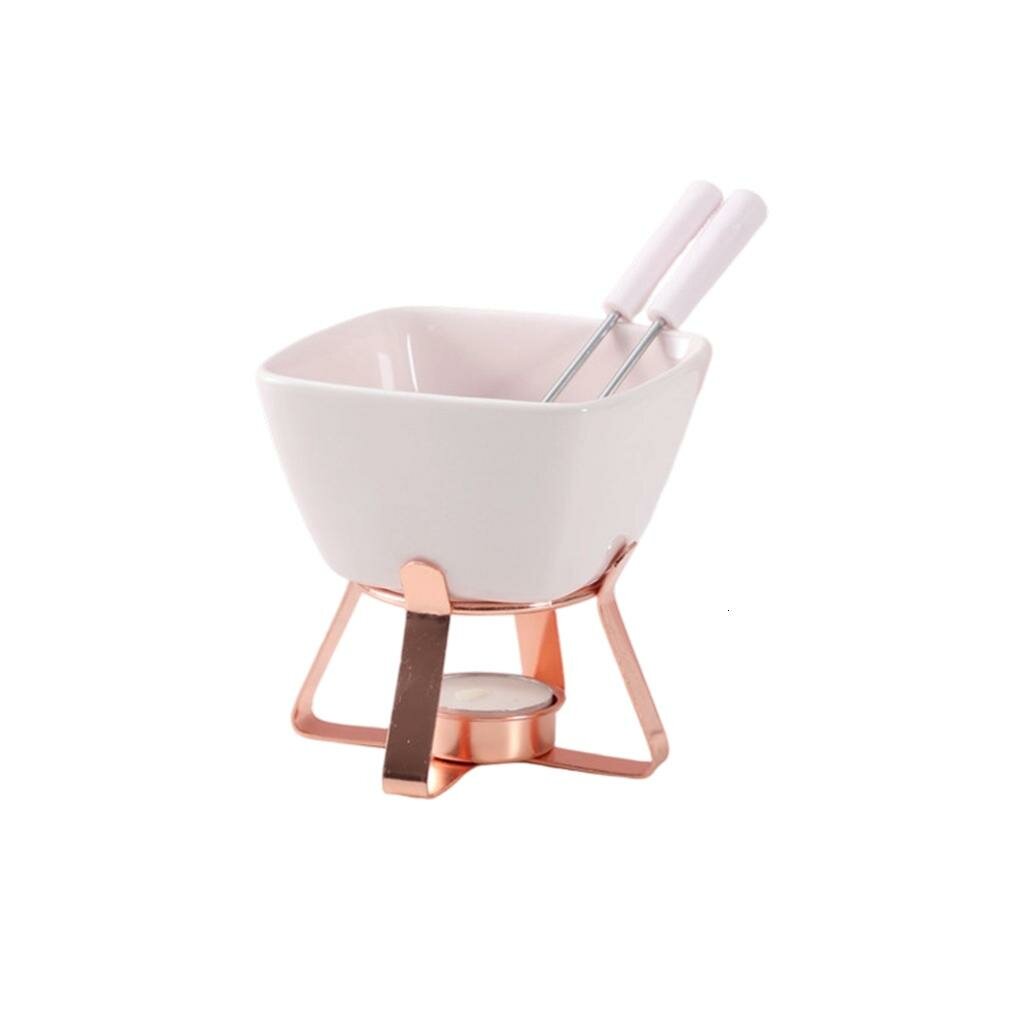 Керамическая фондюшница для 1-2 персон с подогревом на свече, Розовая чаша - Полка из розового золота