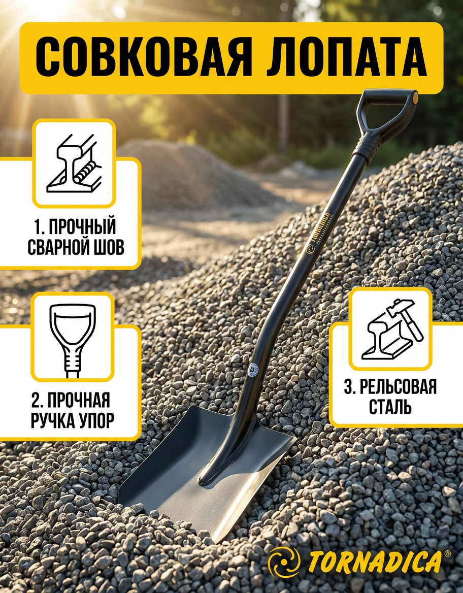 Лопата совковая с черенком Торнадика / Совковая лопата из рельсовой стали с ручкой Totnadica