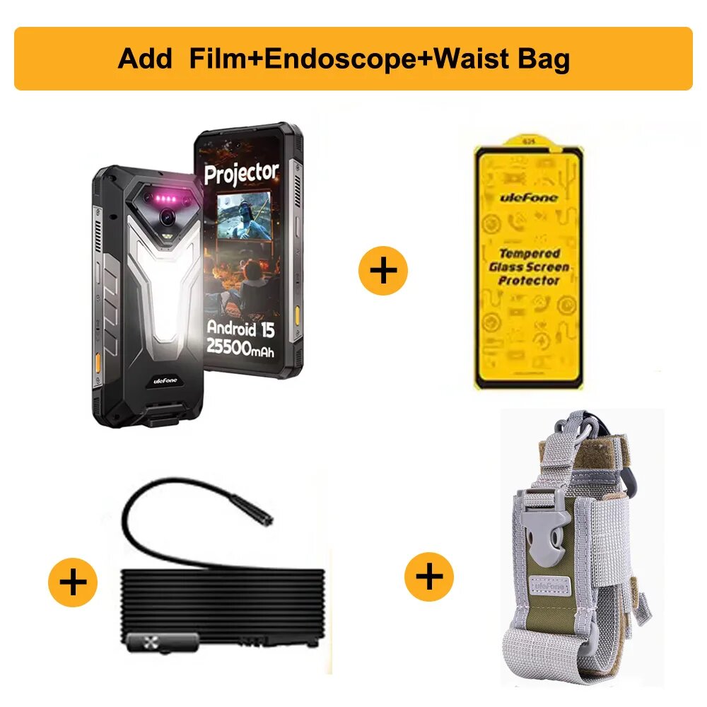 Проектор Ulefone Armor 34 Pro, прочный телефон, 16 ГБ + 512 ГБ, ночное видение, 6,95 дюйма, Android, 15 размеров, 7300, 25500 мАч, 5G, смартфон EU Plug, Add Film E01 UAN07