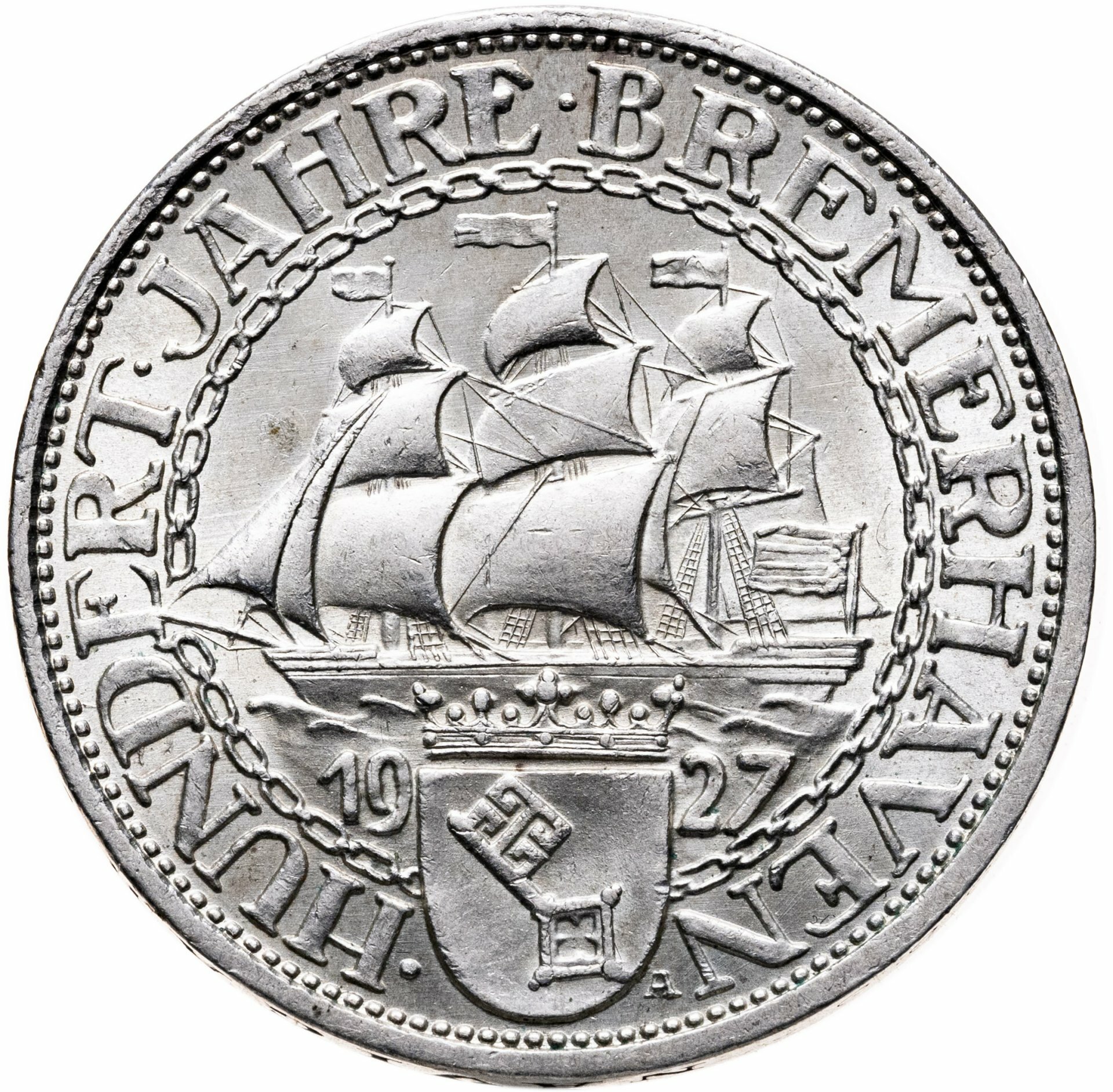 Германия, Веймарская республика 3 рейхсмарки reichsmark 1927 "100 лет Бремерхафену", Серебро 500, в сохранности UNC