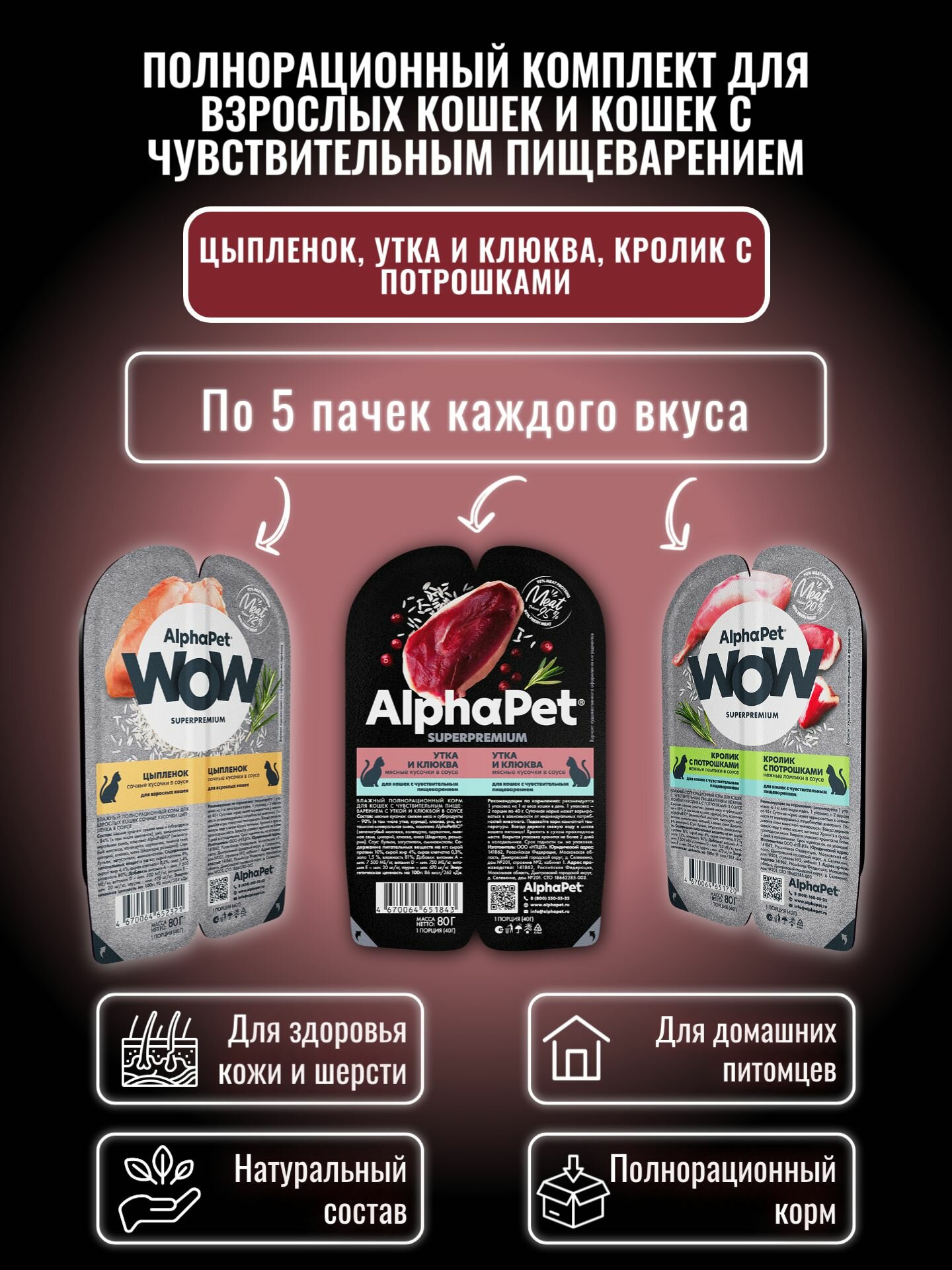 AlphaPet Superpremium / Комплект для взрослых кошек и котов и кошек с чувствительным пищеварением, 3 вкуса (Цыплёнок, Утка, Кролик), 15 шт