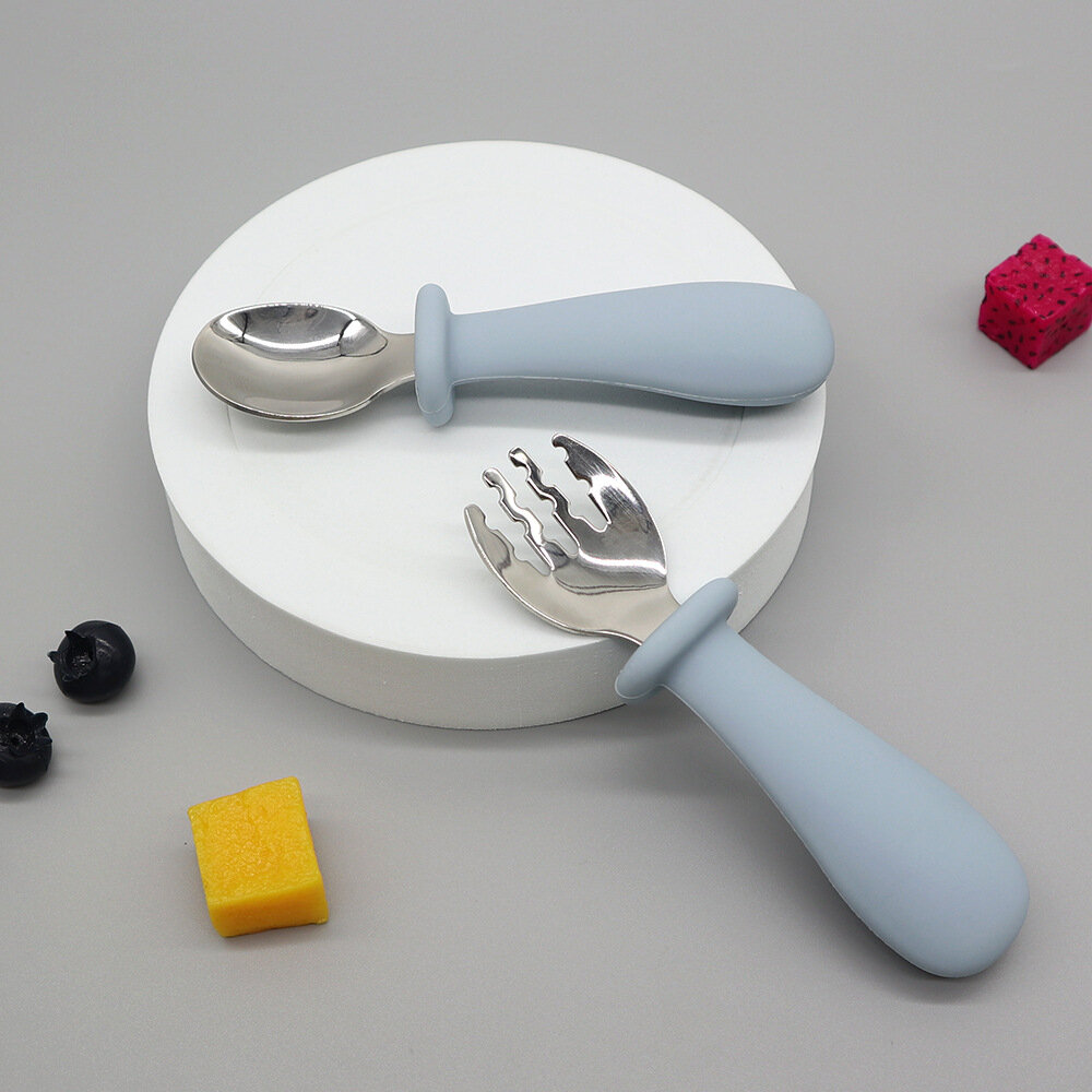 Детская вилка и ложка для обучения еде, длинная ручка, однотонная ложка для детского питания, набор вилок и ложек из нержавеющей стали 316