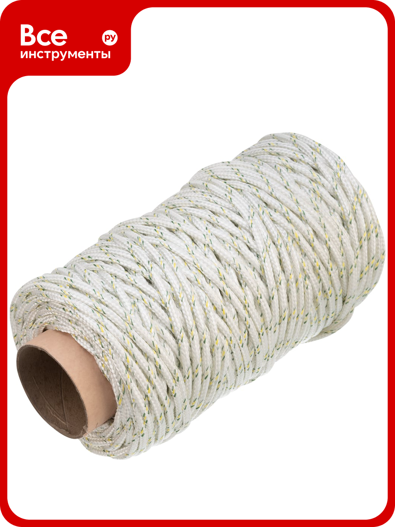 Плетеный 16-прядный капроновый фал с сердечником 6мм, бухта 100м, 650кгс СИБРТЕХ Россия 93969