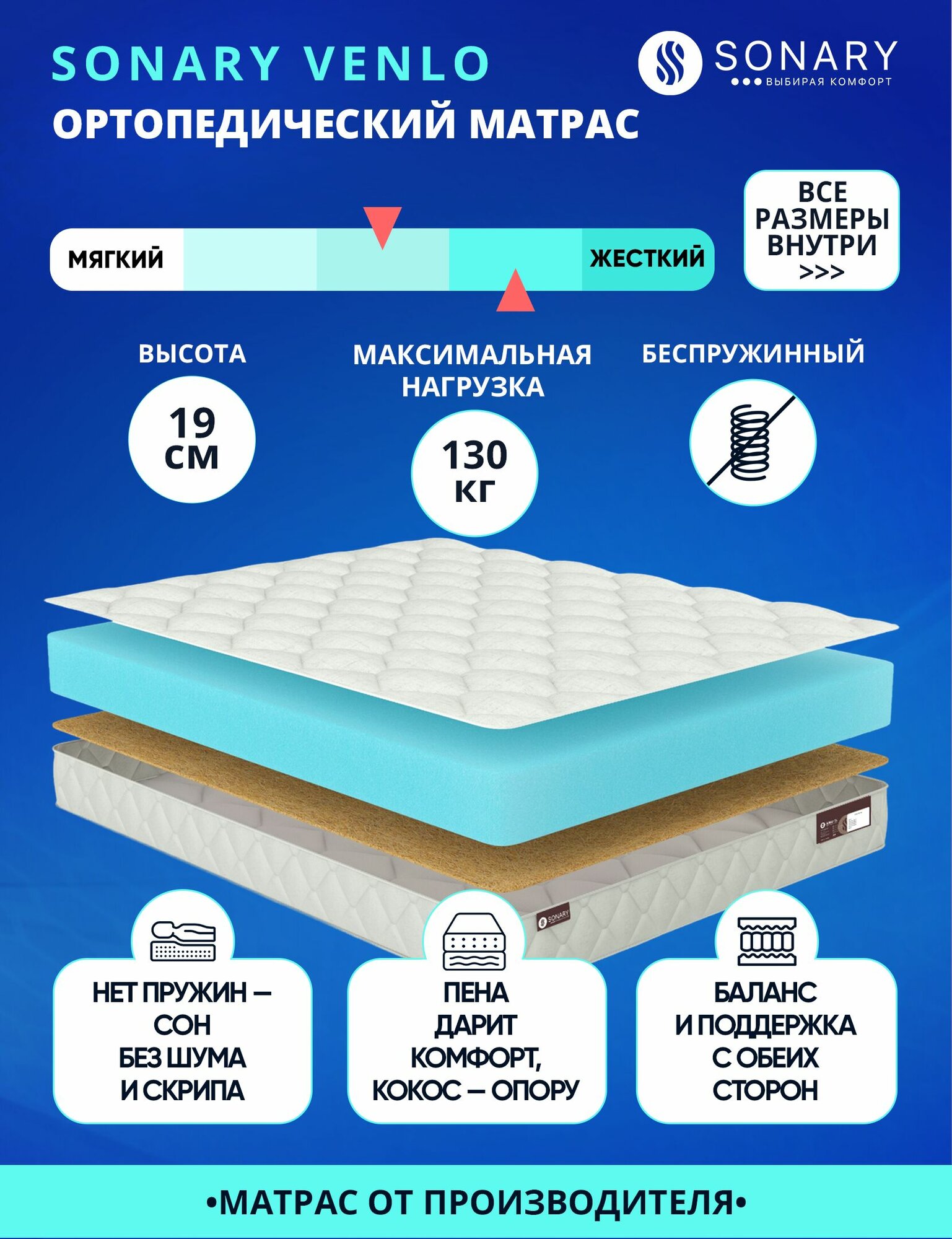 Матрас Sonary Venlo 70х180 серии Solid высота 19 см анатомический средней жесткости кокосовый Беспружинный