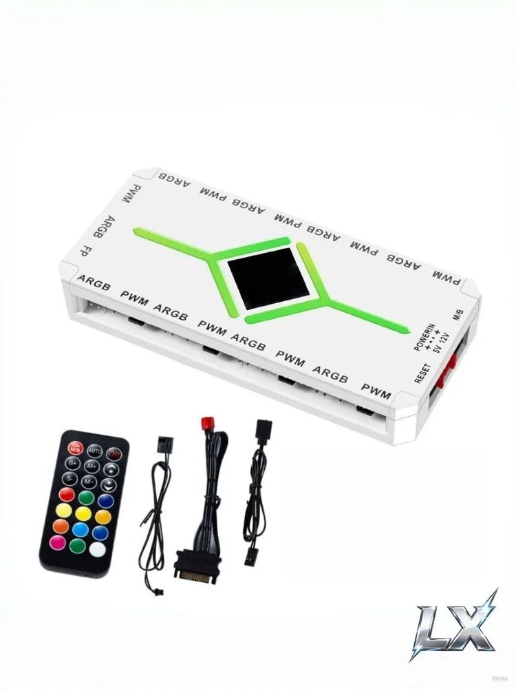 Компьютерная сборка-Контроллер для вентиляторов белый 5V 3PIN ARGB и вентиляторов 4pin по SATA с пультом в комплекте