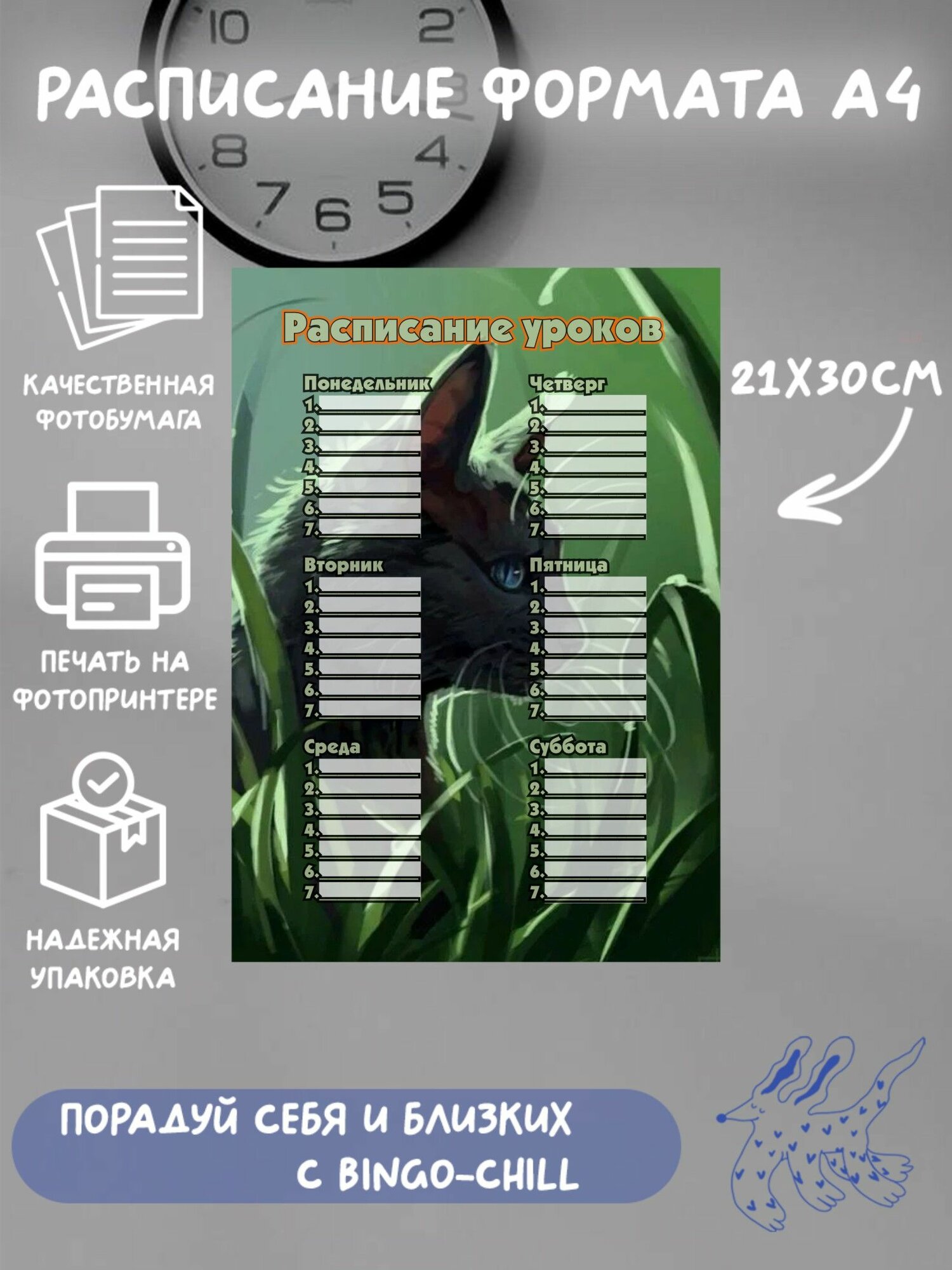 Расписание уроков формата А4, с принтом "Коты воители"