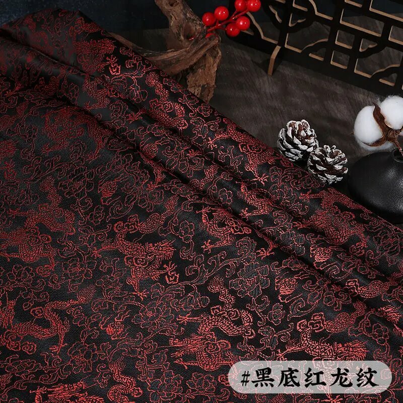 Парчовая жаккардовая ткань с узором дракона зелёного цвета black base red
