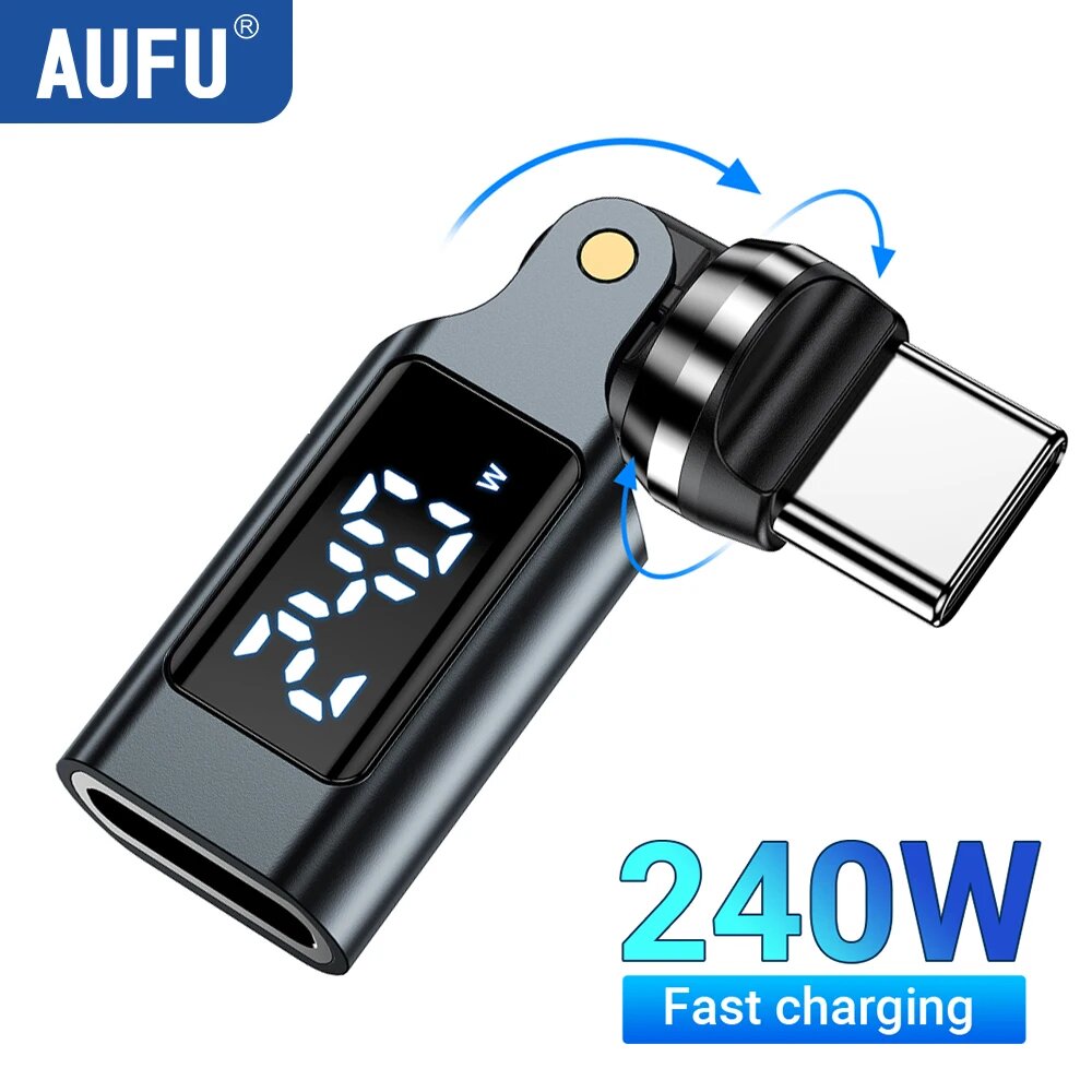 Адаптер AUFU 540 Rotation OTG с цифровым дисплеем, быстрая зарядка PD240W 5A, конвертер USB-C (штекер) на Type-C (гнездо) для iPhone 17, MacBook