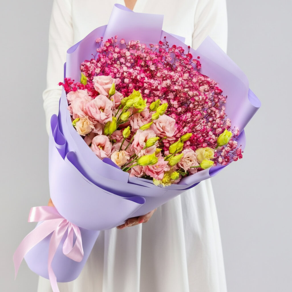 Дуо-букет Мегацвет24 "Гипсофила и Эустома", мини, розовый, в дизайнерской упаковке