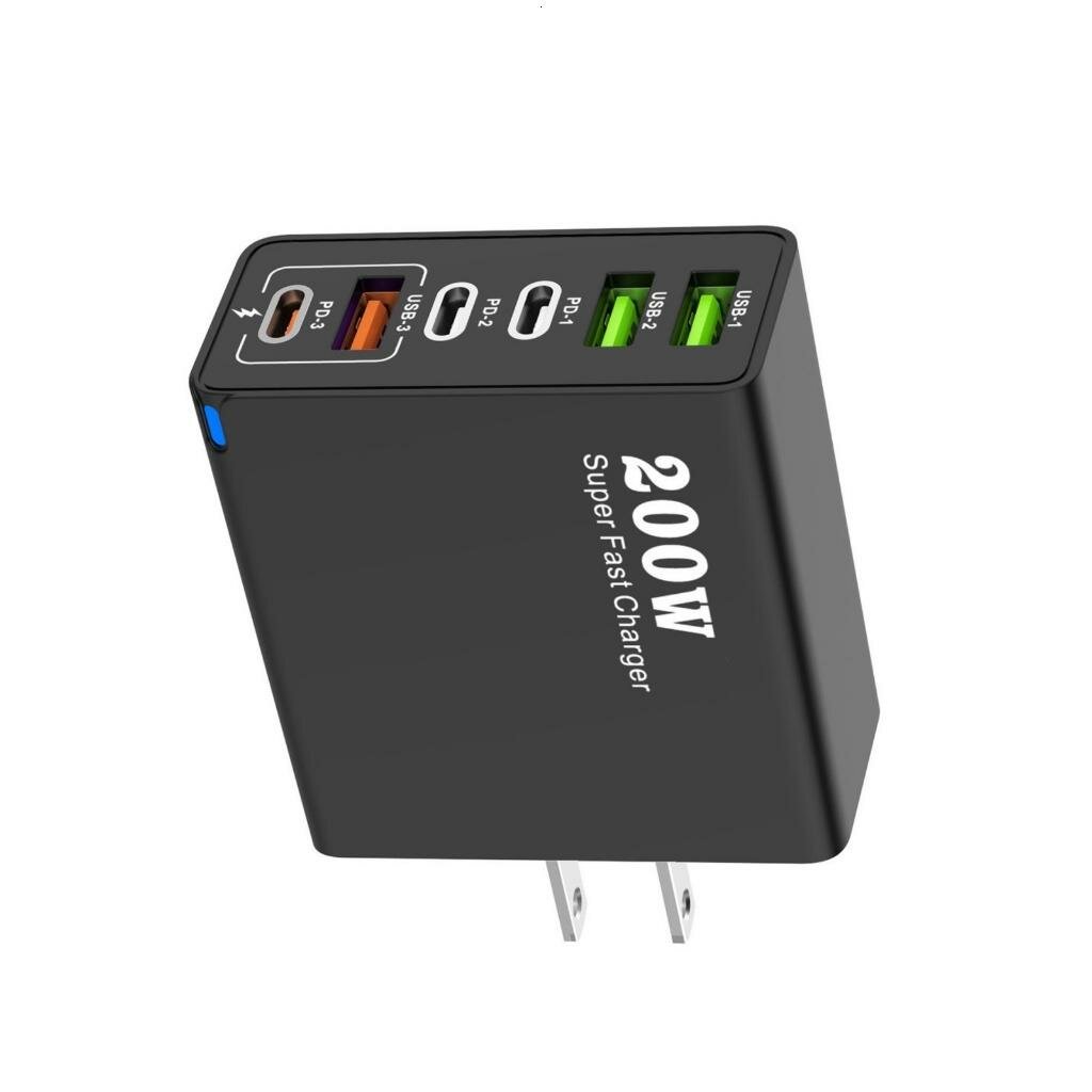 200W GaNs Быстрое зарядное устройство 3 USB Type C порт для эффективной зарядки нескольких устройств, Черный - US