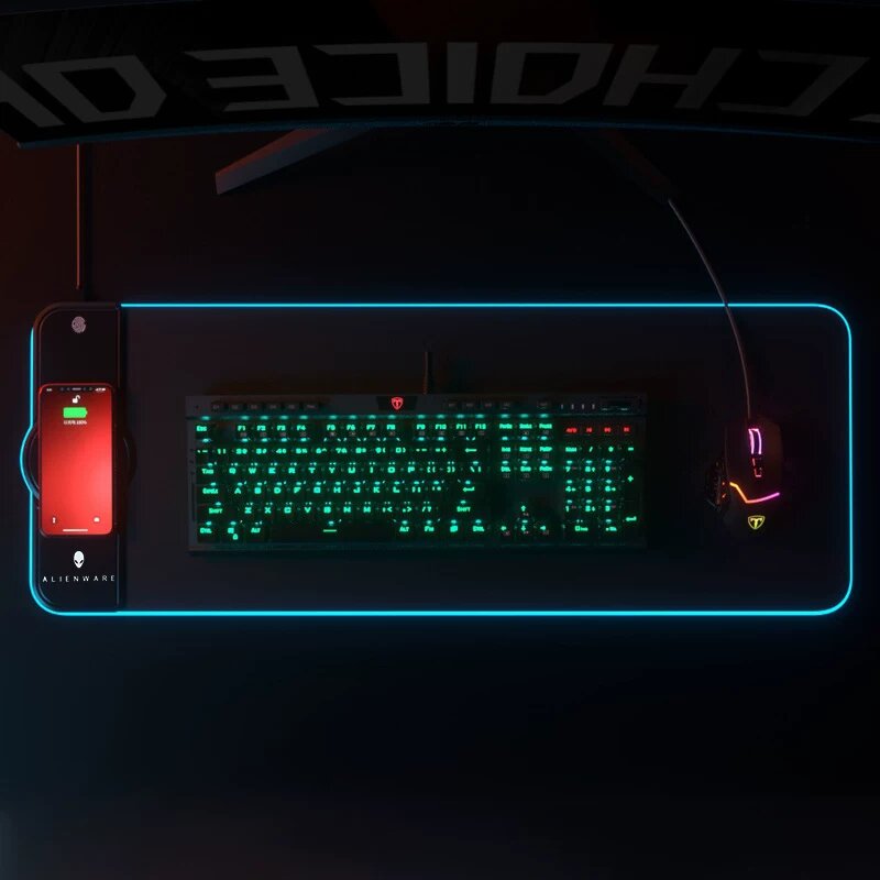 Беспроводной коврик для мыши ALIENWARE с RGB-подсветкой, большой, для киберспорта, для клавиатуры и компьютера Черный