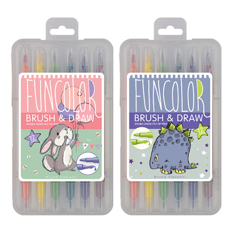 Фломастеры 12цв 12шт круглые двусторонние кистевид. пласт. пенал Funcolor BRUNO VISCONTI 32-0047 шт