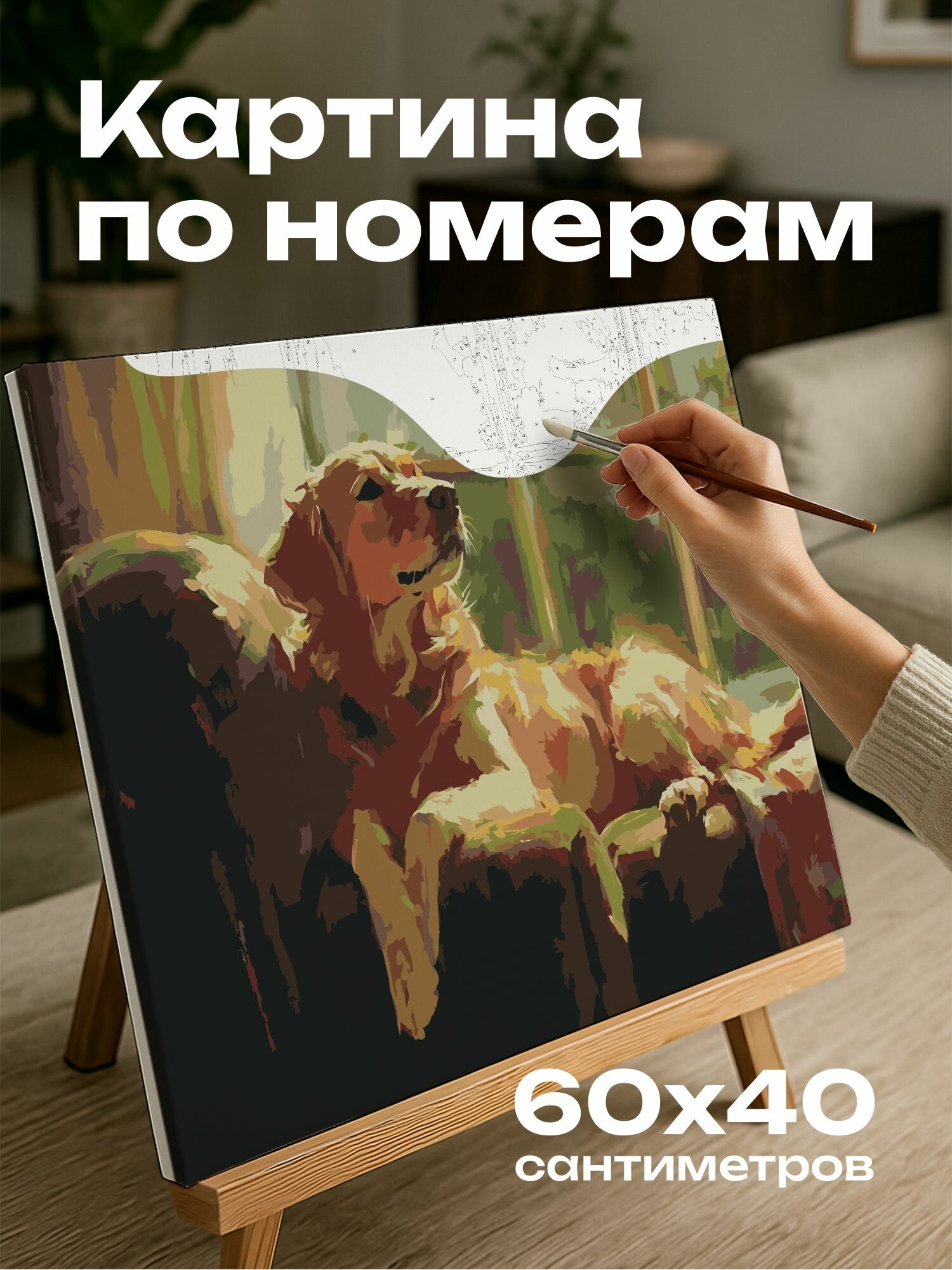 Картина по номерам 60x40 см, собака, масляная картина, художественная студия, солнце, творческий процесс