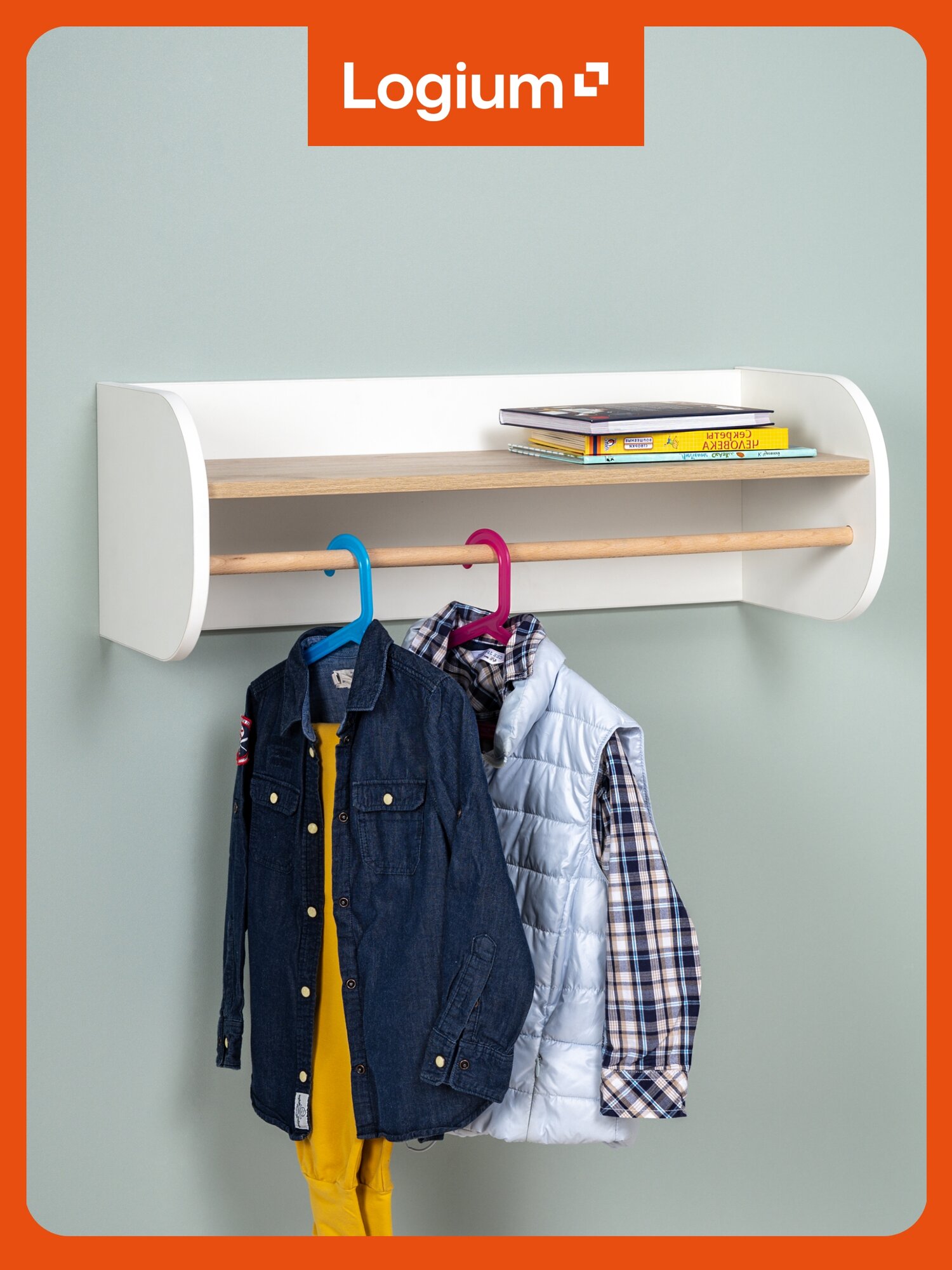 Полка для одежды в детскую, Топ 16.483.02, Белый PE шагрень Дуб Белый exclusive, для стены, в комнату, для вешалок