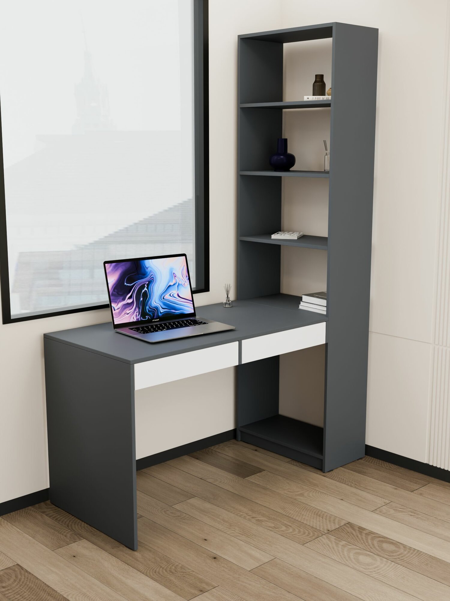 Изумлит Стол-стеллаж письменный угловой для учебы и работы Джокер, стеллаж справа 200х59.2х140 см, графит-белый